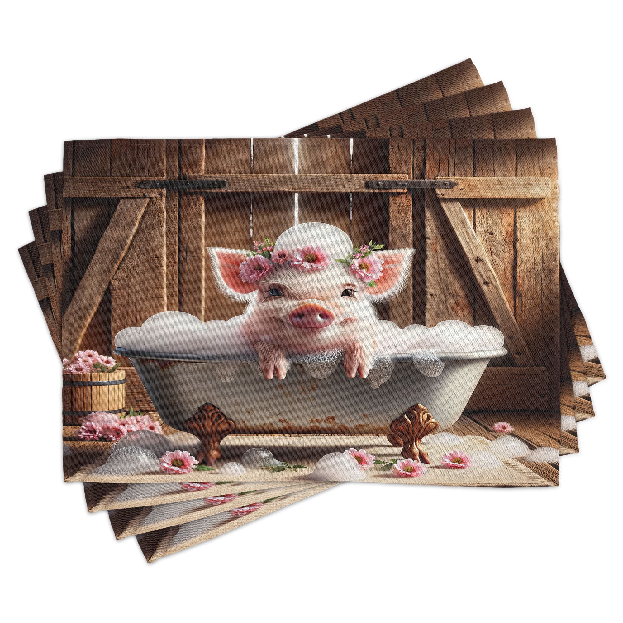 Ambesonne Rustic Place Mats Set of 4, Floral Pig Bubbly Barn Bath ...
