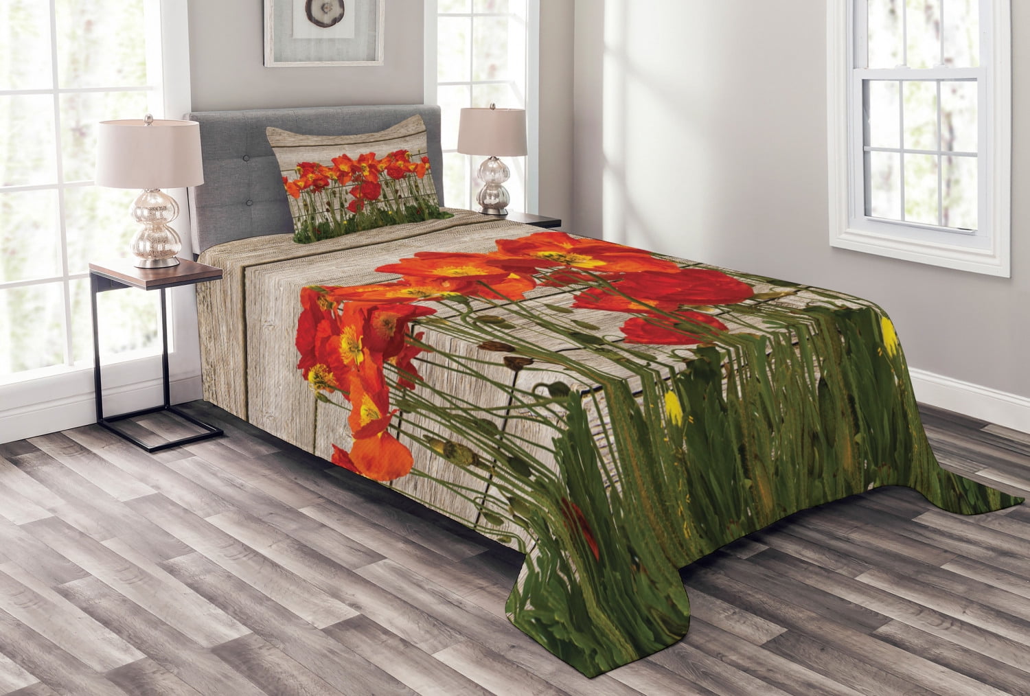 Ambesonne Rustic Quilted Bedspread Set 2 Pcs, Blooming Poppy Flowers ...