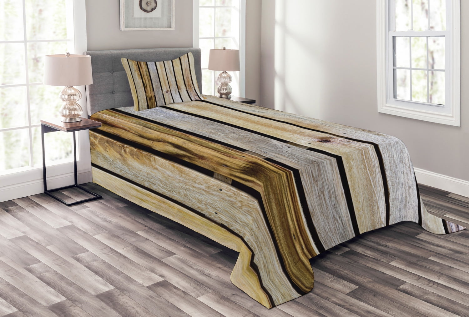 Ambesonne Rustic Quilted Bedspread Set 2 Pcs, Country Timber Fence ...