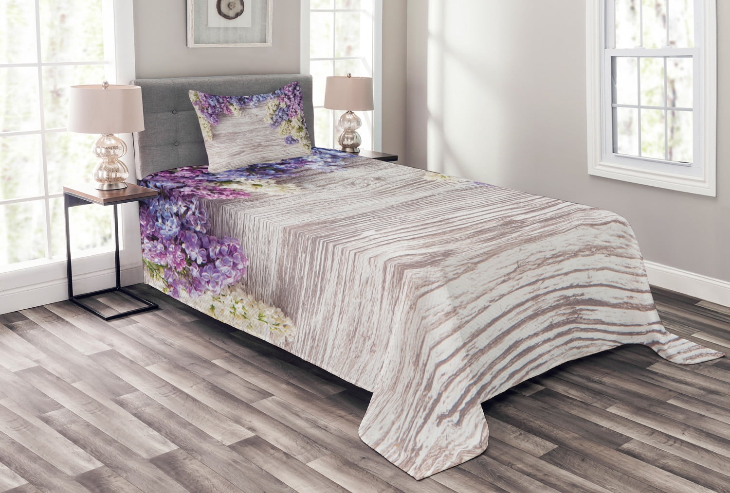Ambesonne Rustic Quilted Bedspread Set 2 Pcs, Lilac Flowers Bouquet ...
