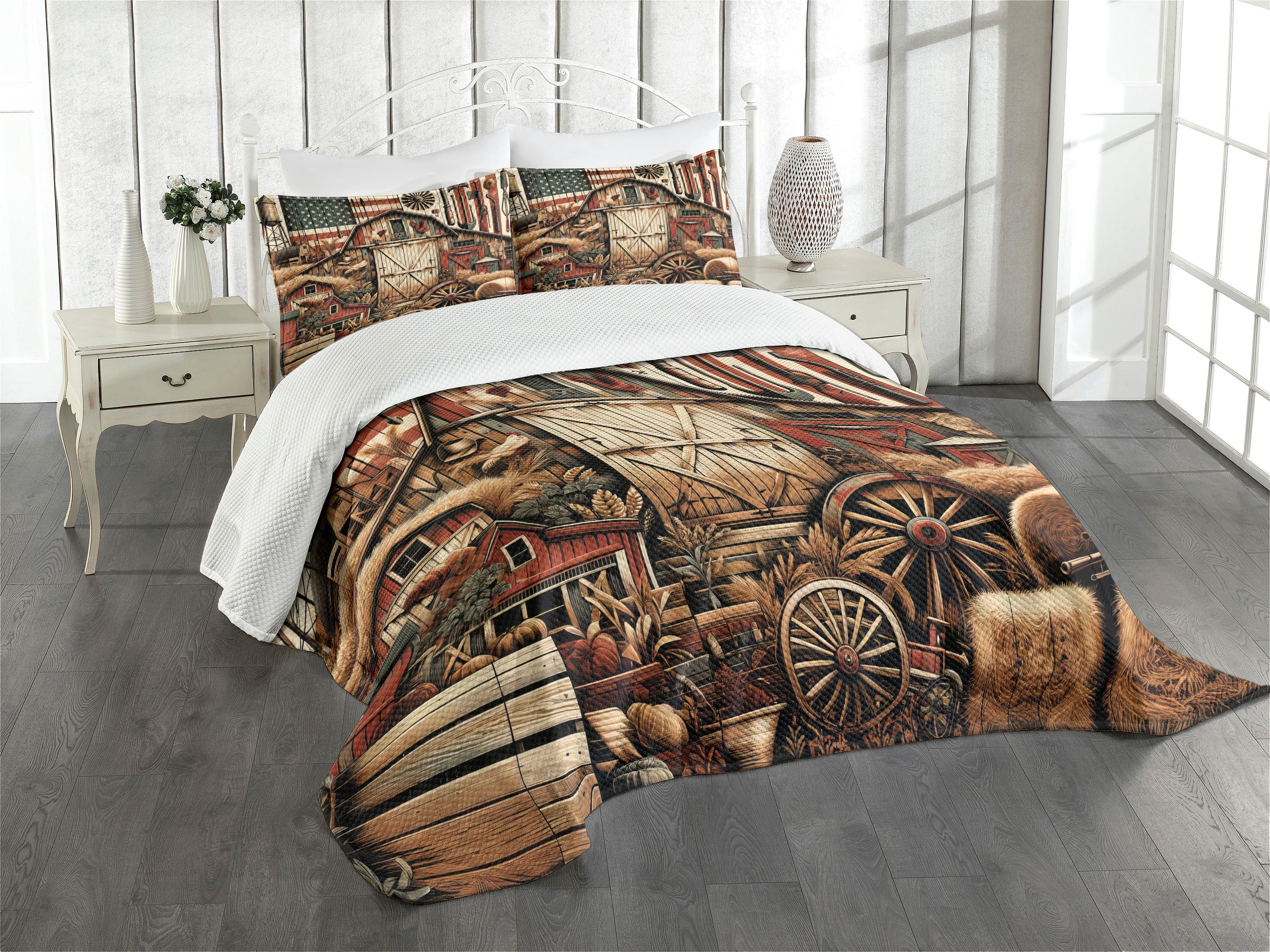 Ambesonne Rustic Quilted Bedspread Set 3 Pcs, American Barn Western ...