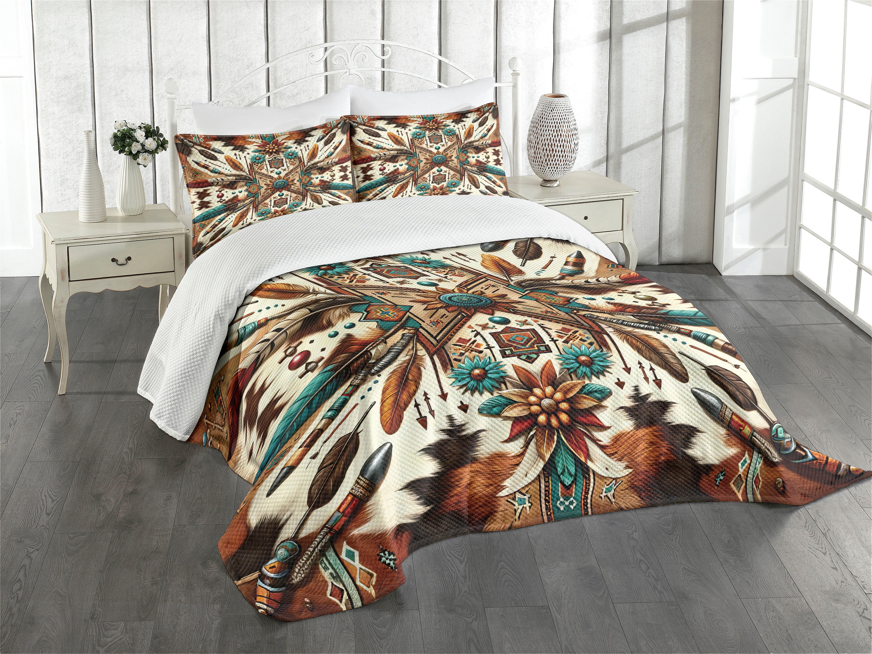Ambesonne Rustic Quilted Bedspread Set 3 Pcs, Aztec Inspired Feathers ...