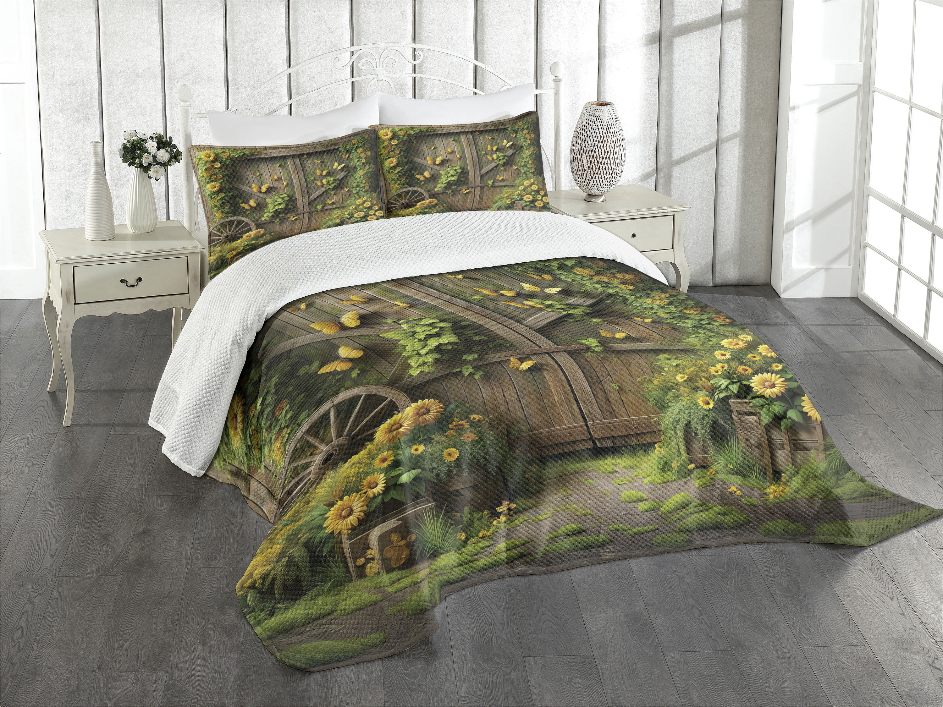 Ambesonne Rustic Quilted Bedspread Set 3 Pcs, Barn Door and Summer ...
