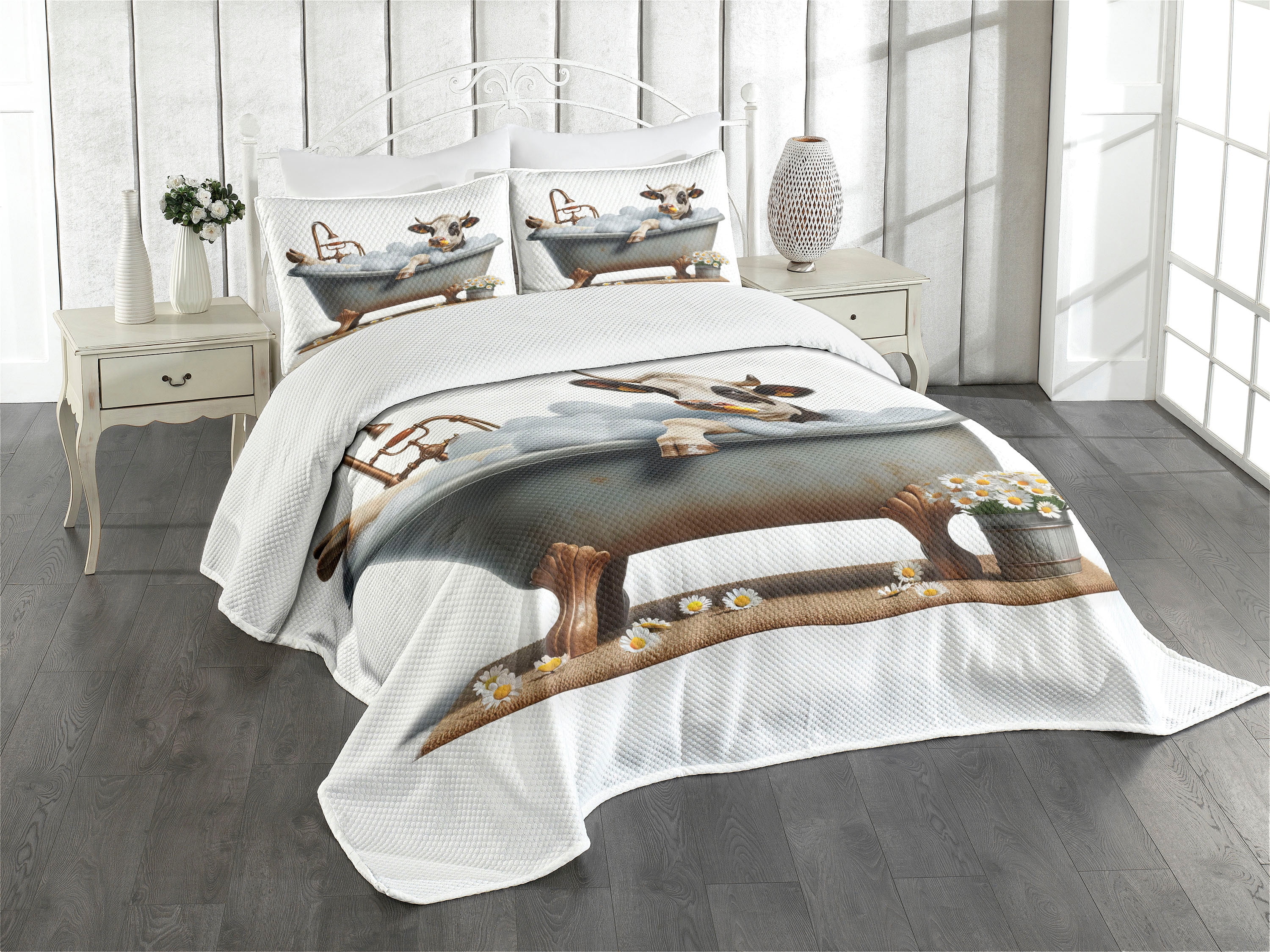 Ambesonne Rustic Quilted Bedspread Set 3 Pcs, Bathing Cow and ...
