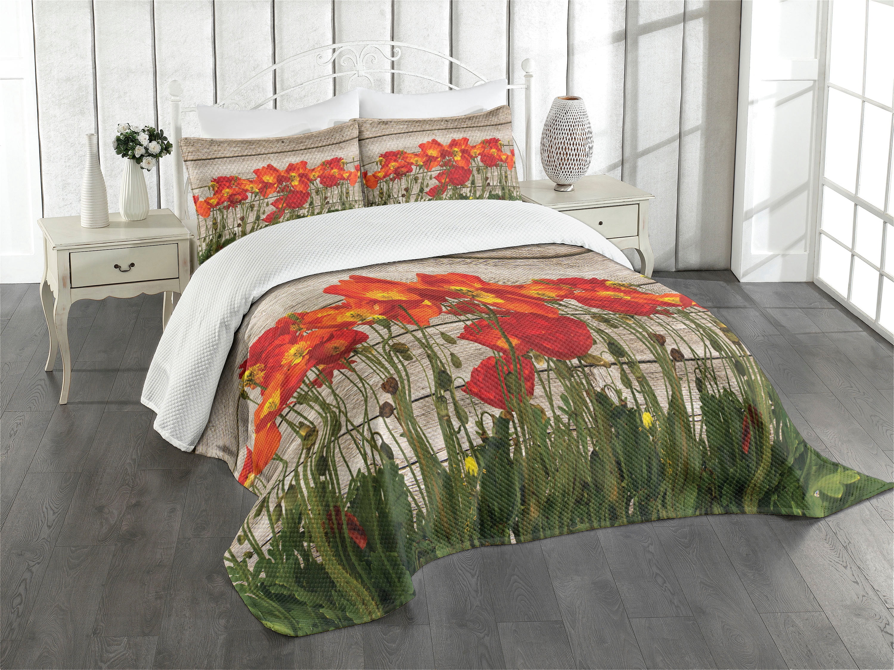 Ambesonne Rustic Quilted Bedspread Set 3 Pcs, Blooming Poppy Flowers ...