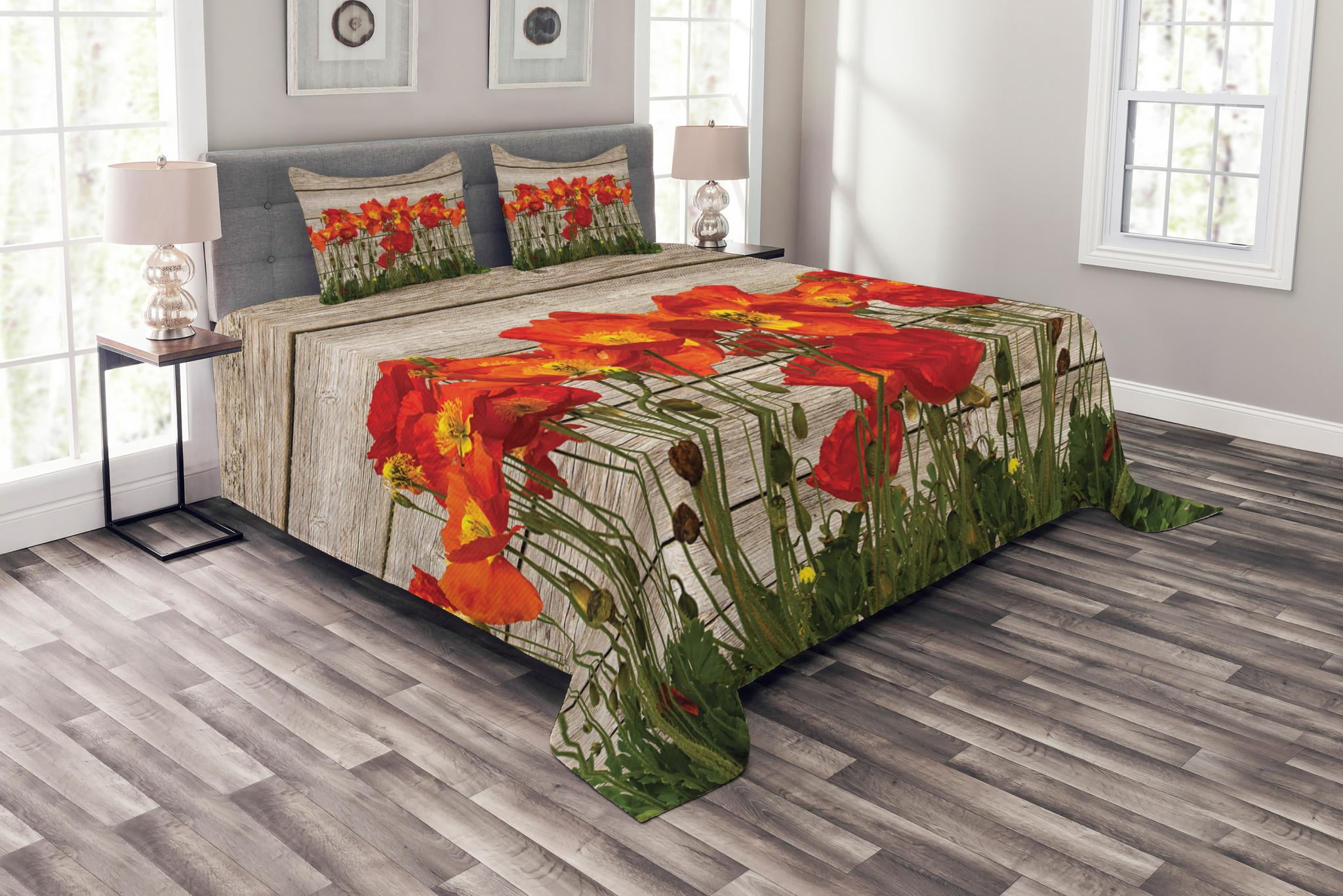 Ambesonne Rustic Quilted Bedspread Set 3 Pcs, Blooming Poppy Flowers ...