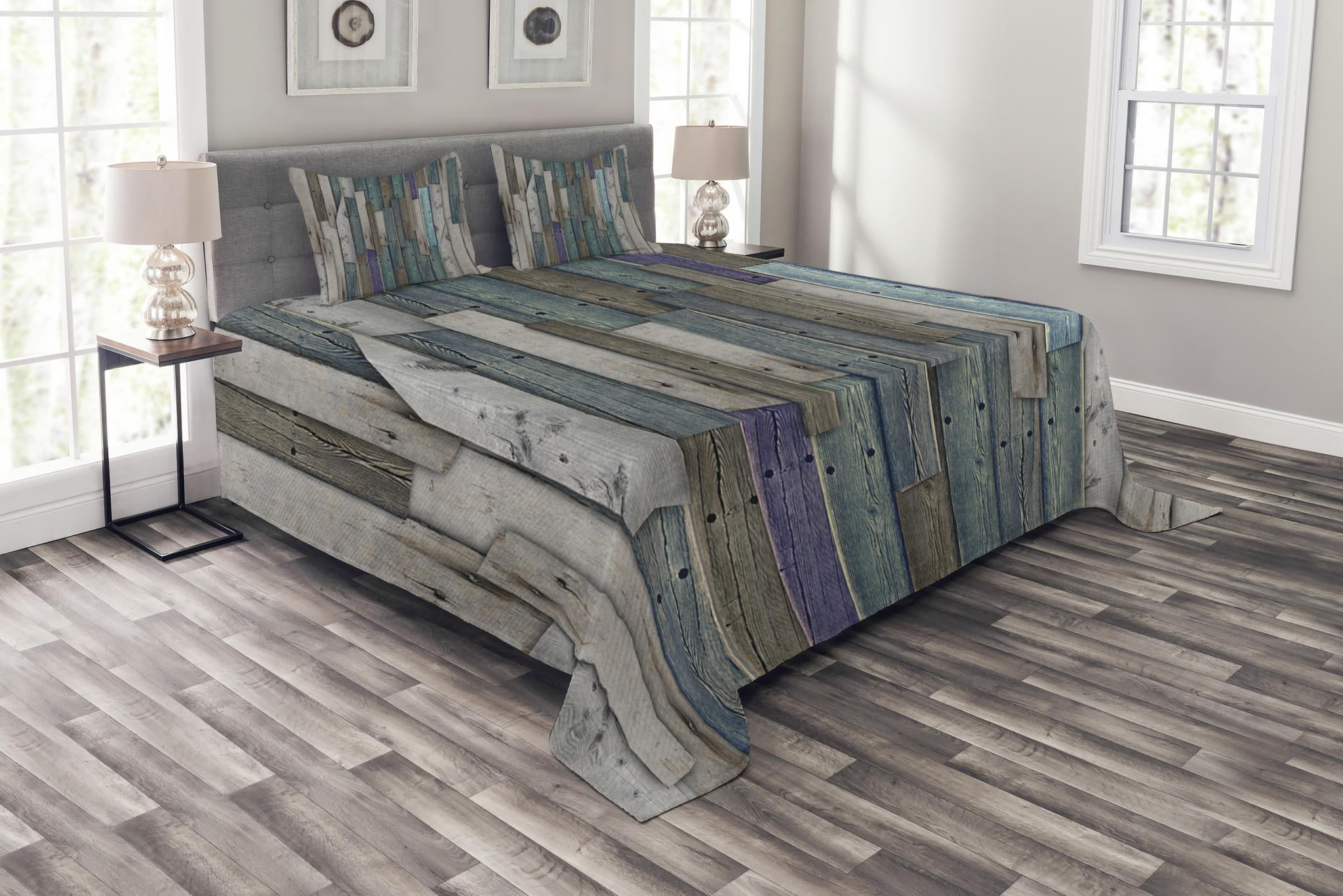 Ambesonne Rustic Quilted Bedspread Set 3 Pcs, Blue Grey Planks Grunge ...