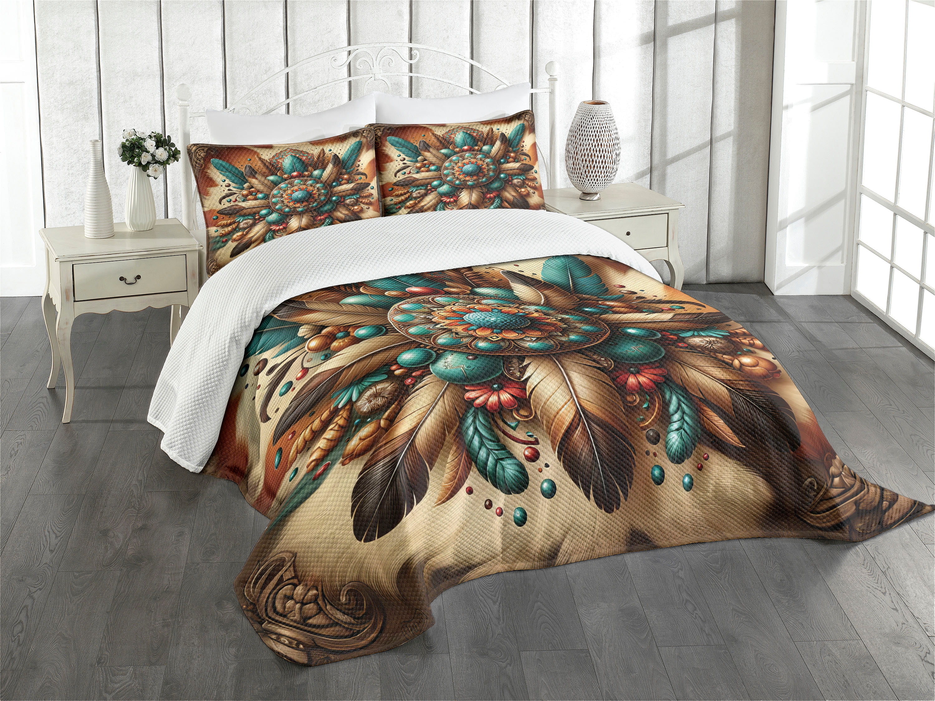 Ambesonne Rustic Quilted Bedspread Set 3 Pcs, Boho Earthy Feathers ...