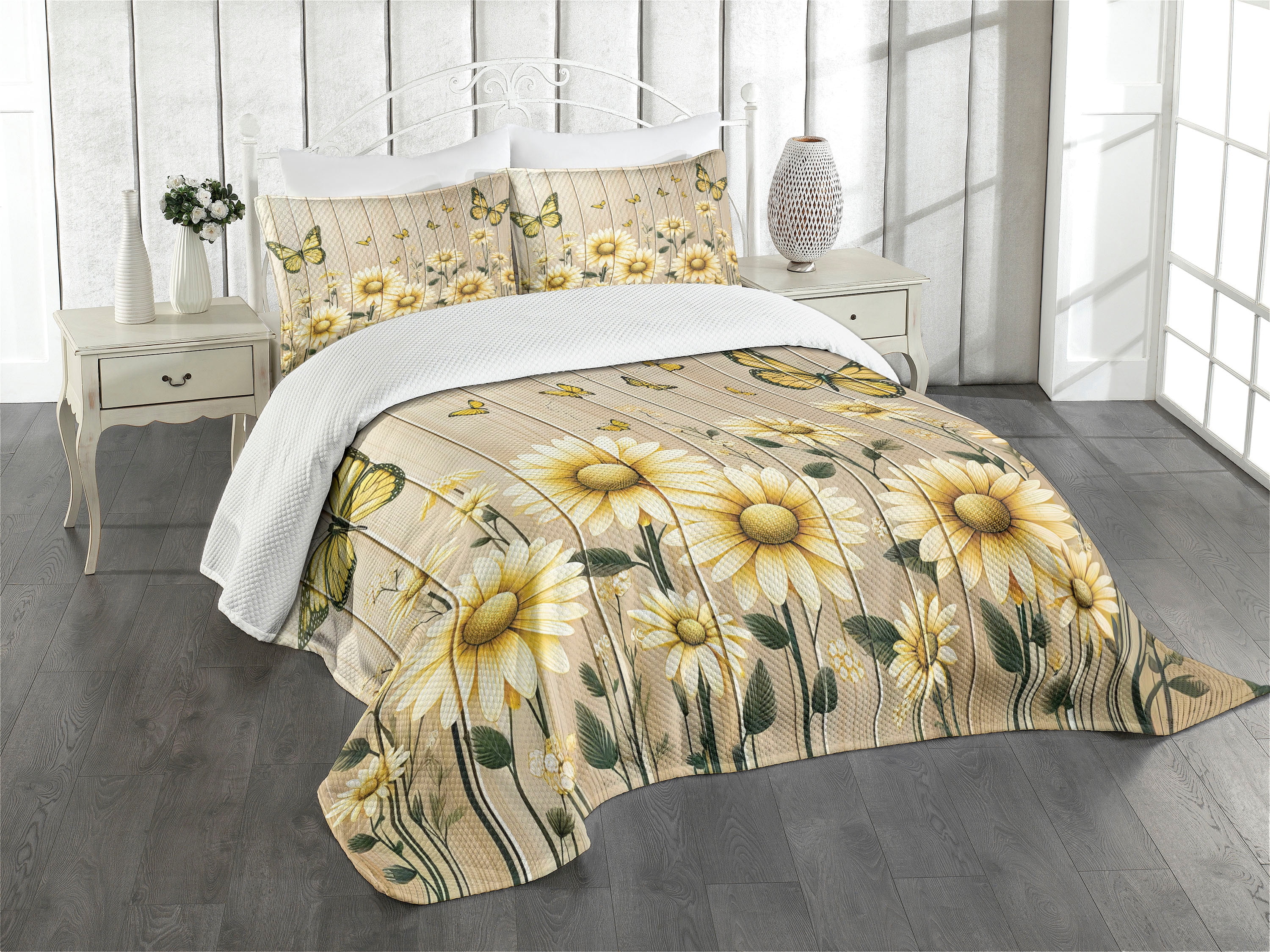 Ambesonne Rustic Quilted Bedspread Set 3 Pcs, Cottagecore Sunflower ...