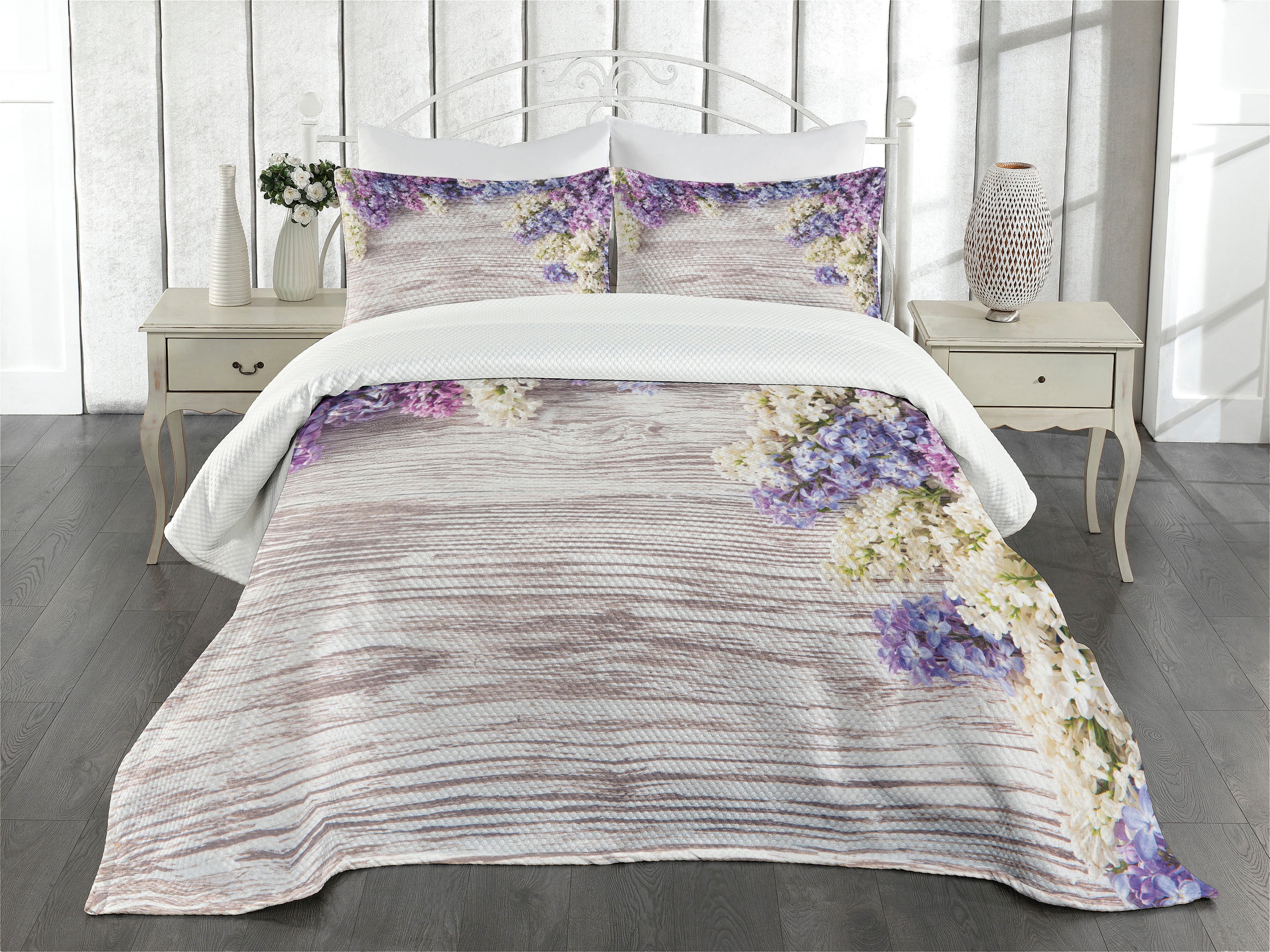 Ambesonne Rustic Quilted Bedspread Set 3 Pcs, Lilac Flowers Bouquet ...