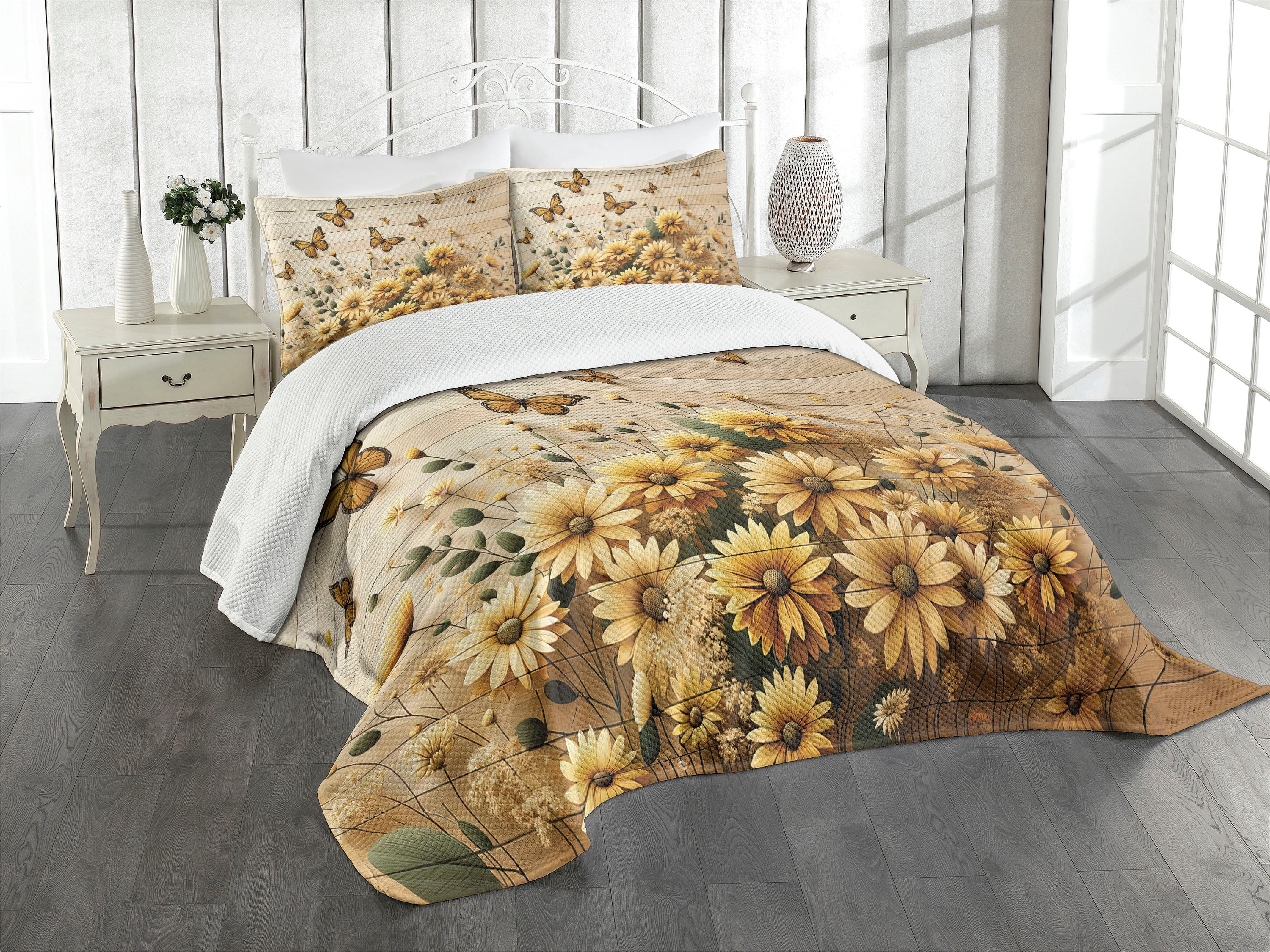 Ambesonne Rustic Quilted Bedspread Set 3 Pcs, Meadow Bloom Butterflies ...