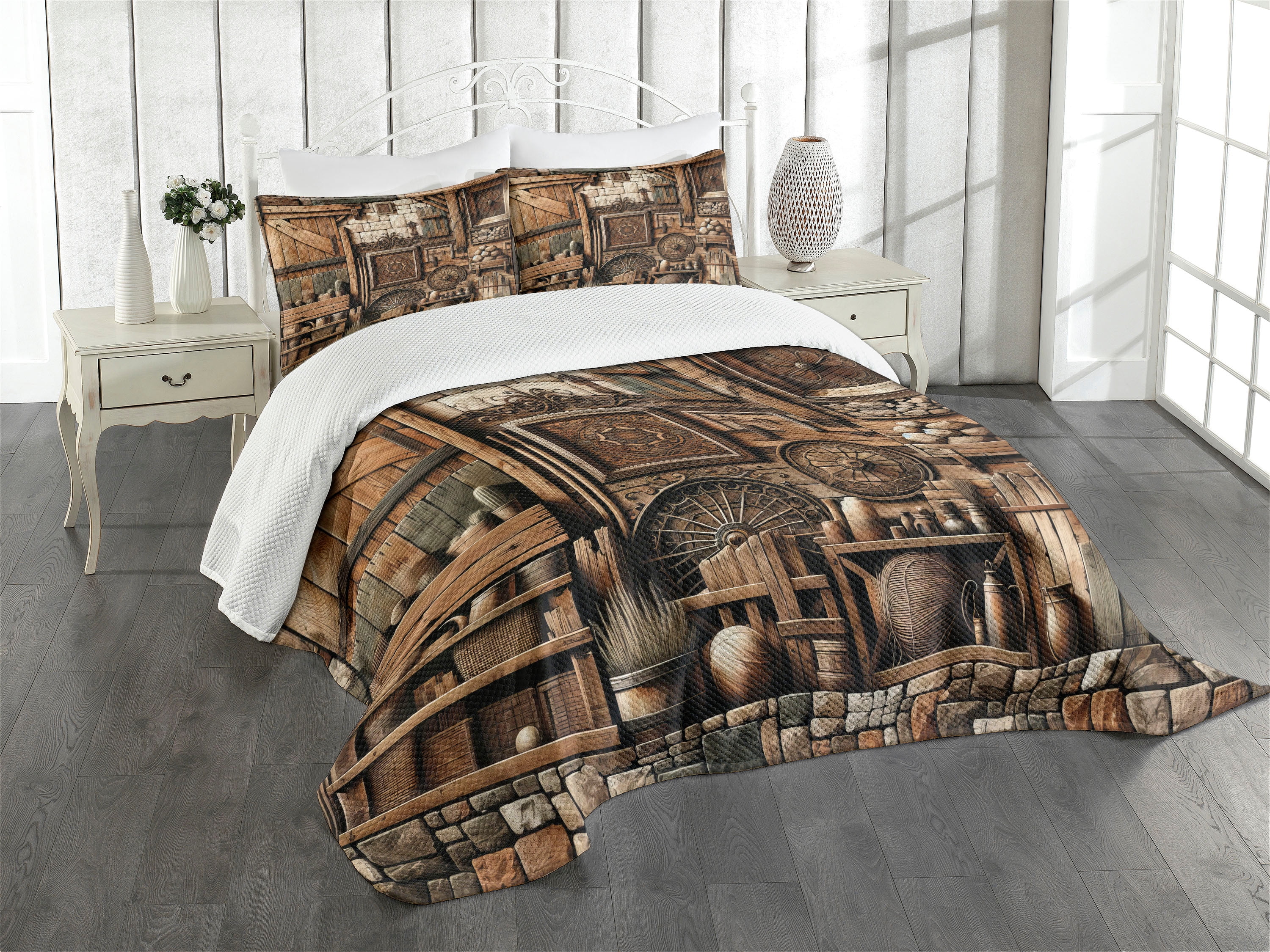 Ambesonne Rustic Quilted Bedspread Set 3 Pcs, Medieval Cottage Scene ...