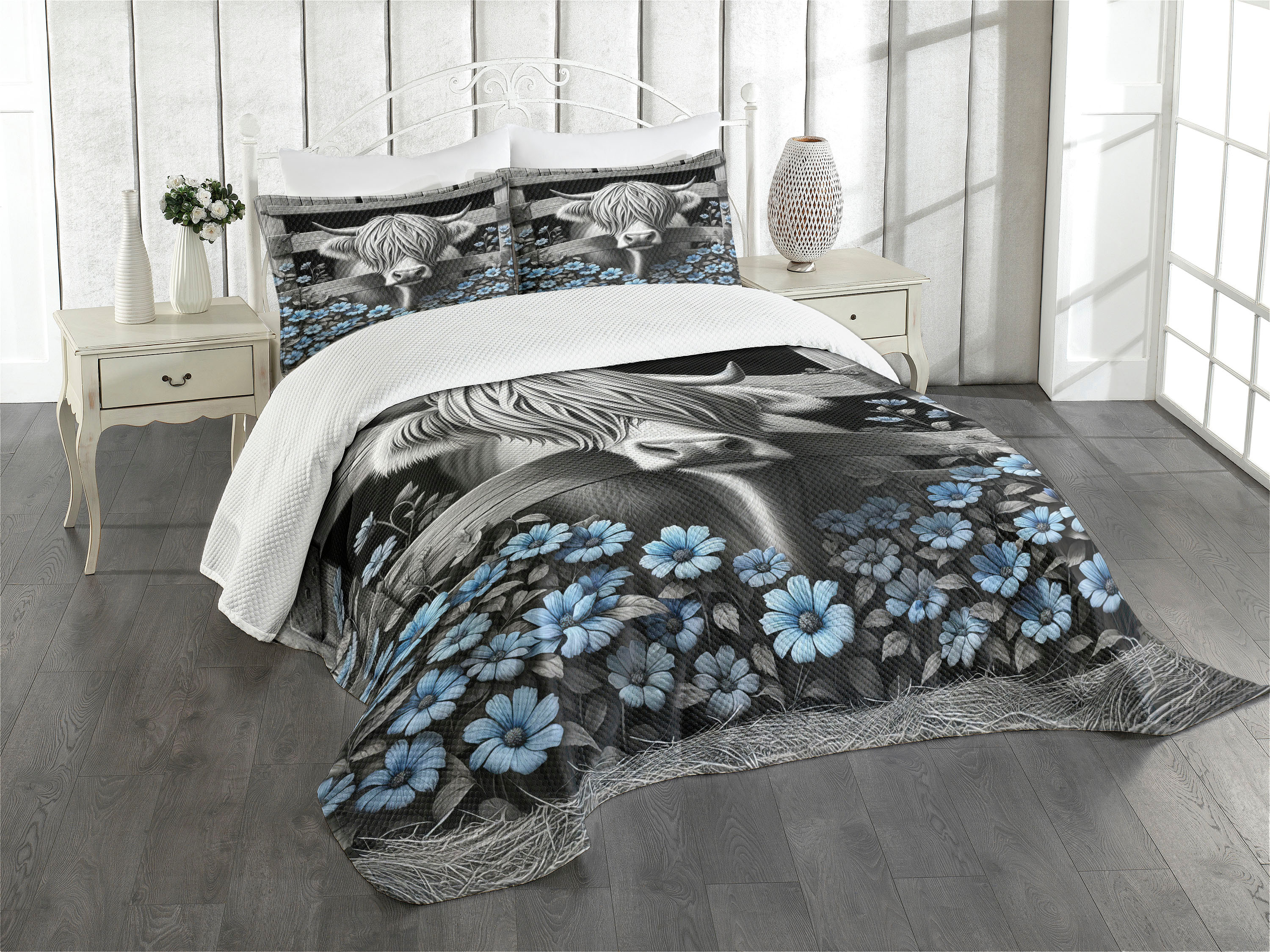 Ambesonne Rustic Quilted Bedspread Set 3 Pcs, Monochrome Farmhouse Cow ...