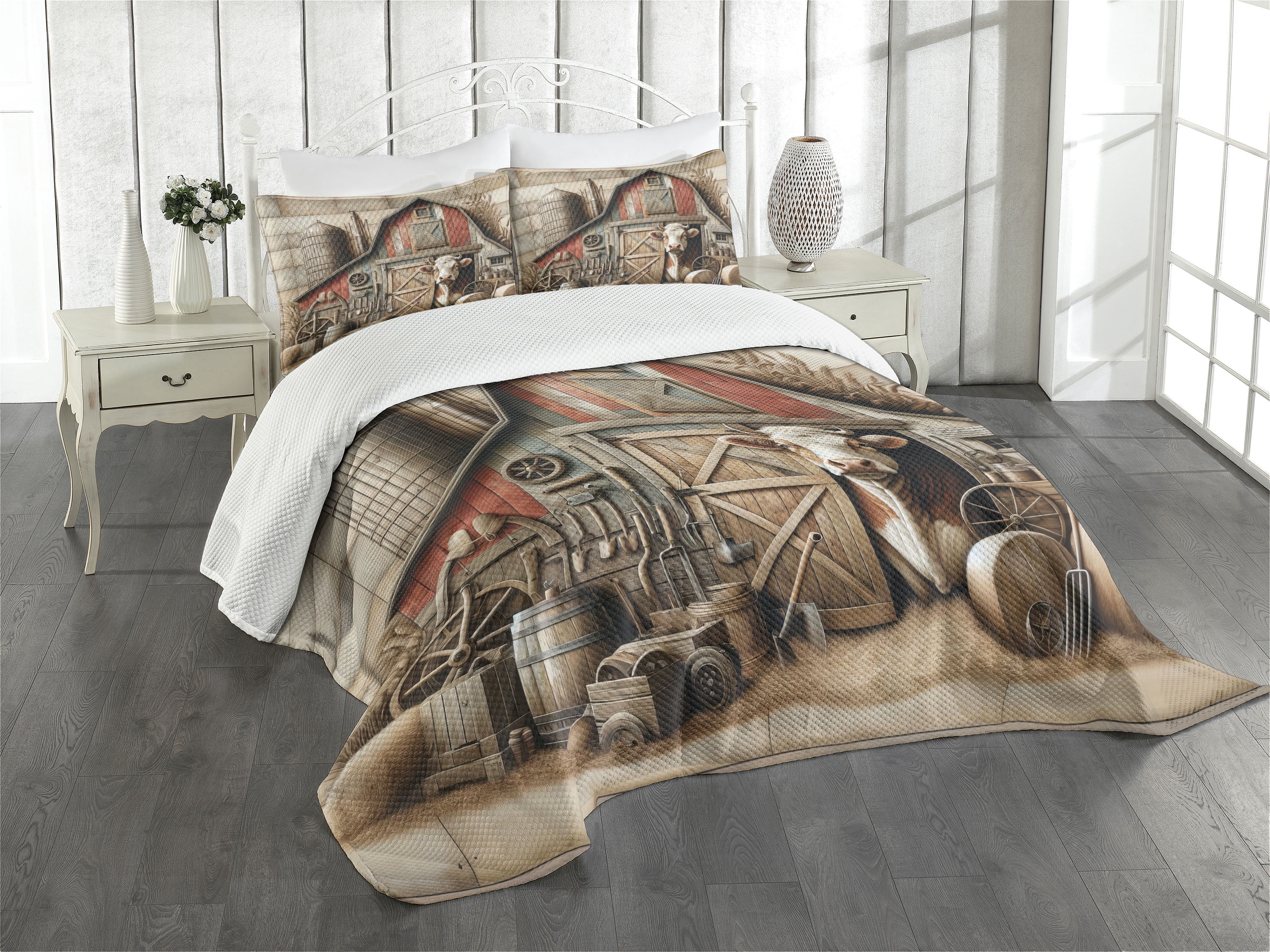 Ambesonne Rustic Quilted Bedspread Set 3 Pcs, Vintage Rural American ...