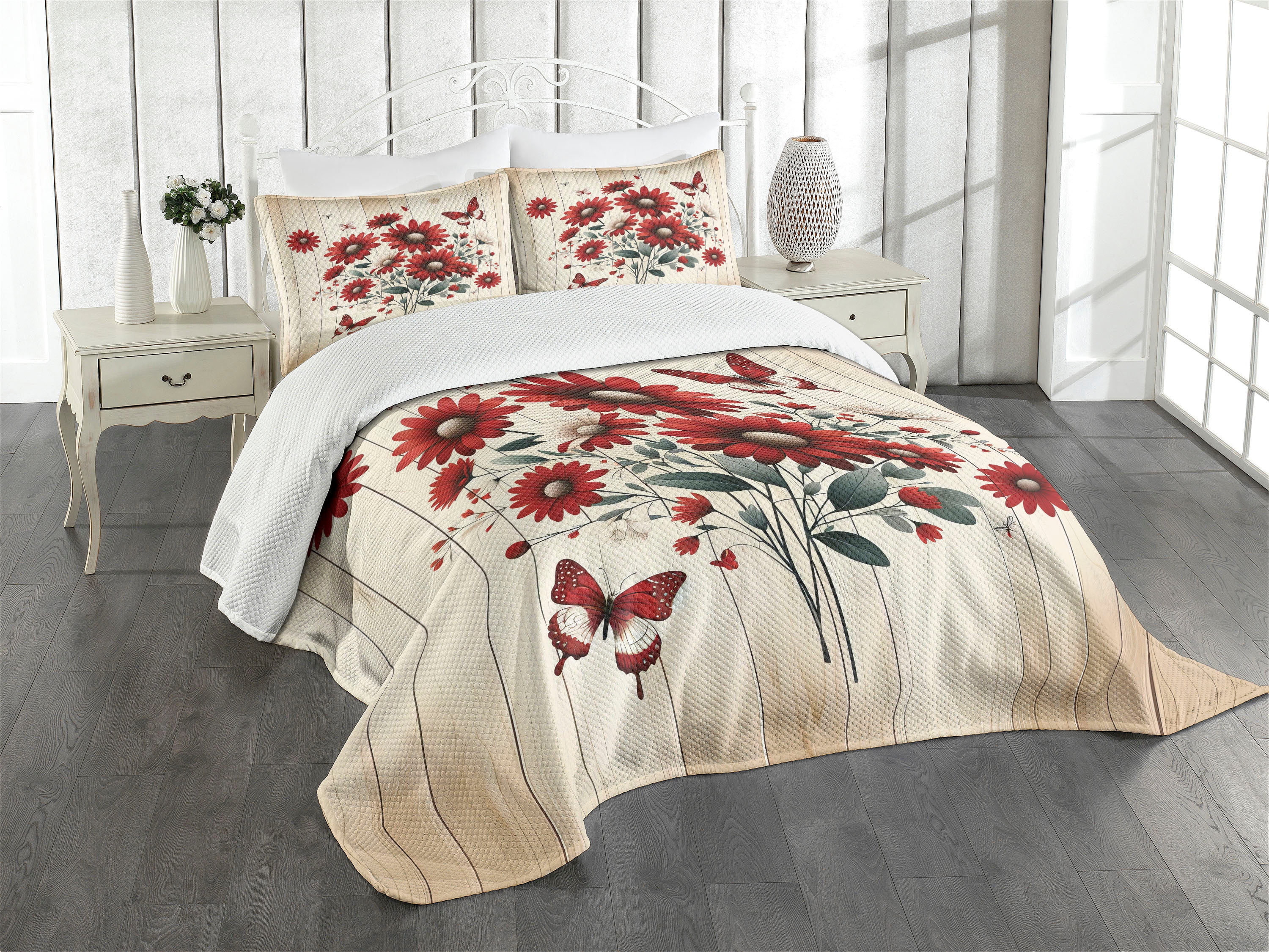 Ambesonne Rustic Quilted Bedspread Set 3 Pcs, Warm Tone Botanical ...