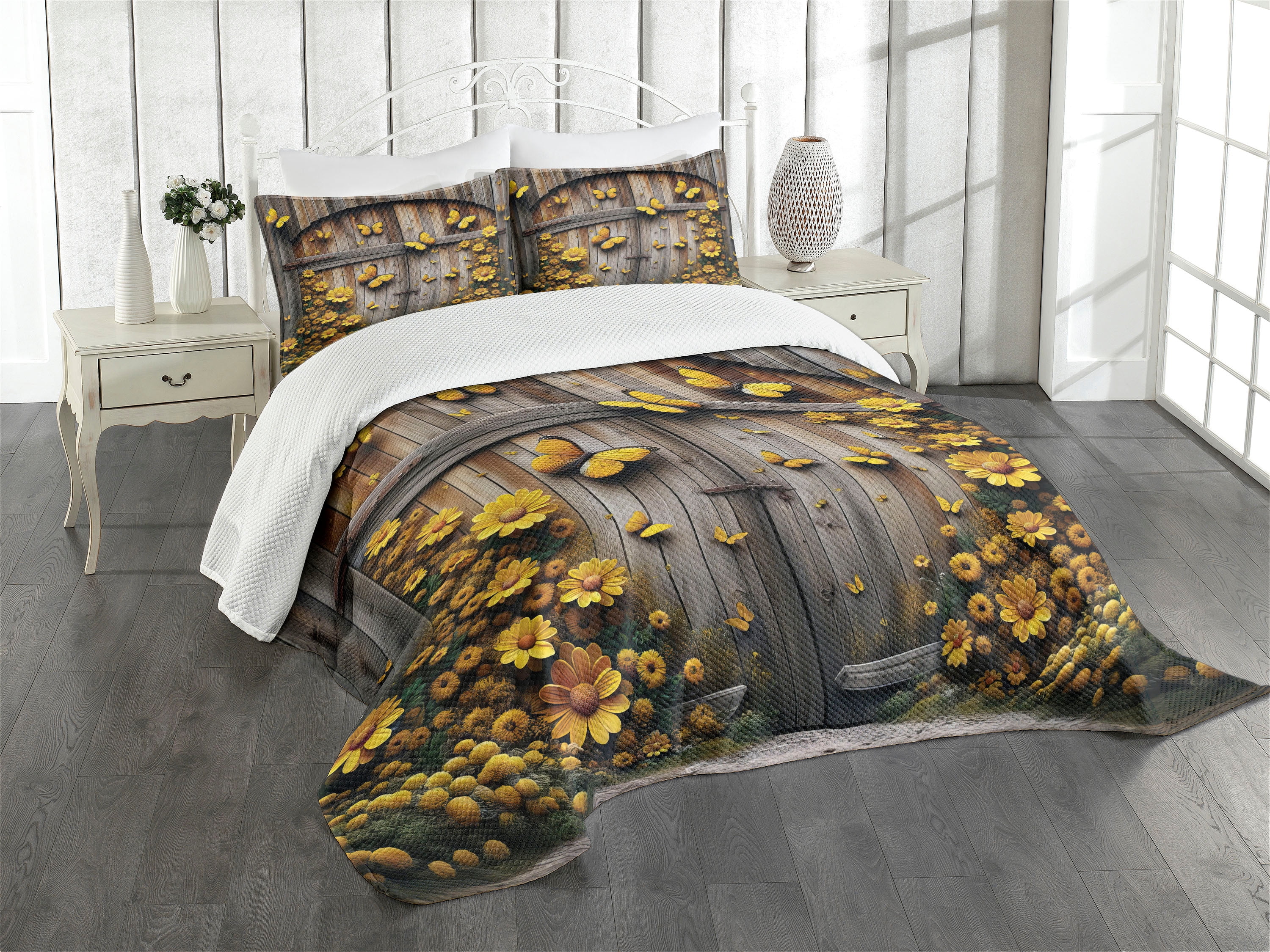 Ambesonne Rustic Quilted Bedspread Set 3 Pcs, Yellow Farmhouse Romance ...