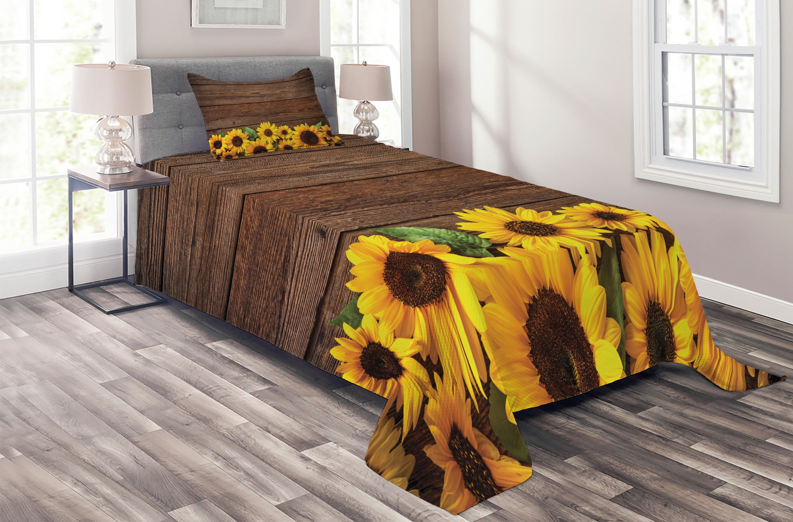 Ambesonne Rustic Quilted Coverlet 2 Pcs, Autumn Sunflower Cottagecore ...