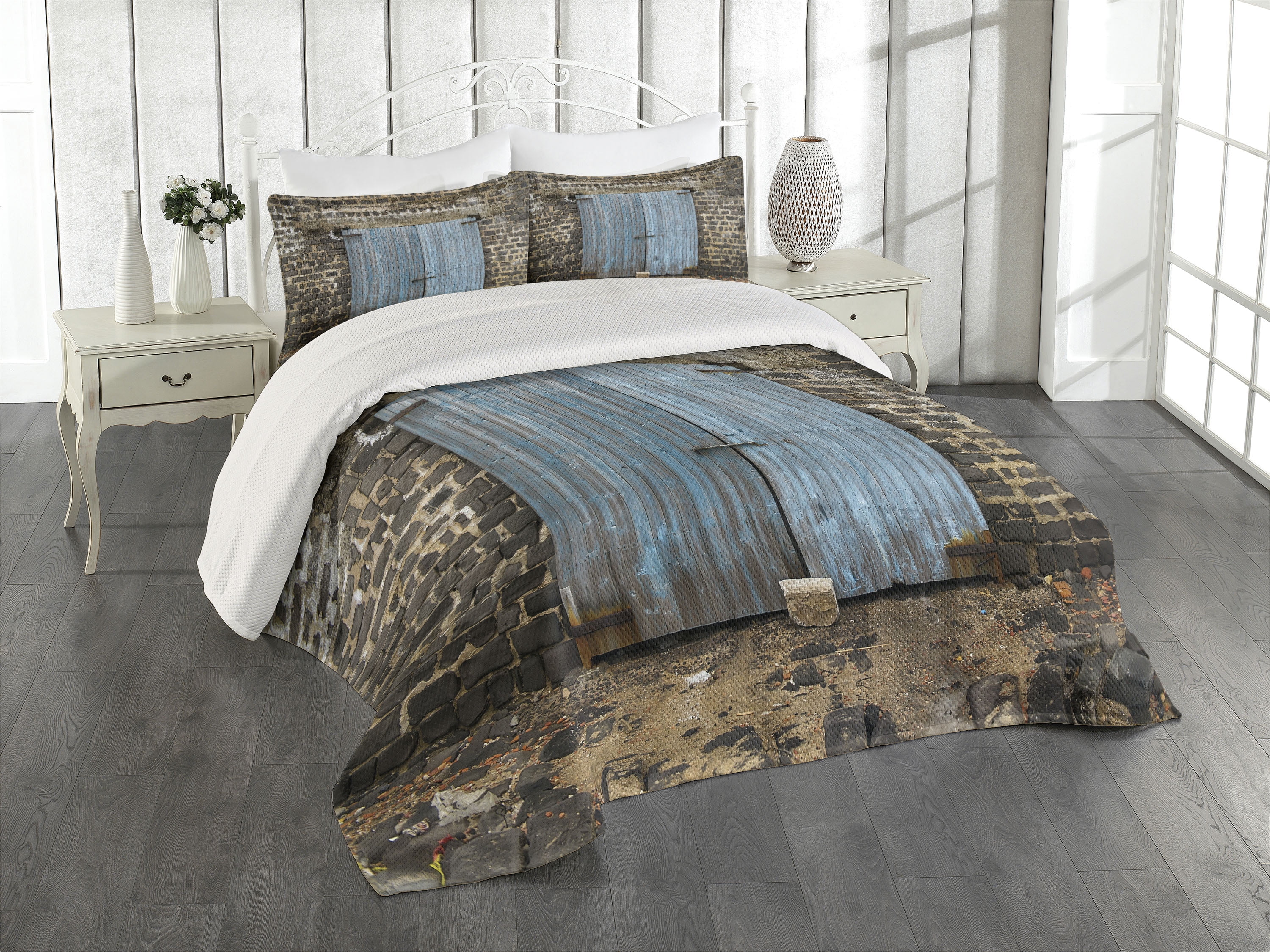 Ambesonne Rustic Quilted Coverlet 3 Pcs, Medieval Stone Wall, Queen ...