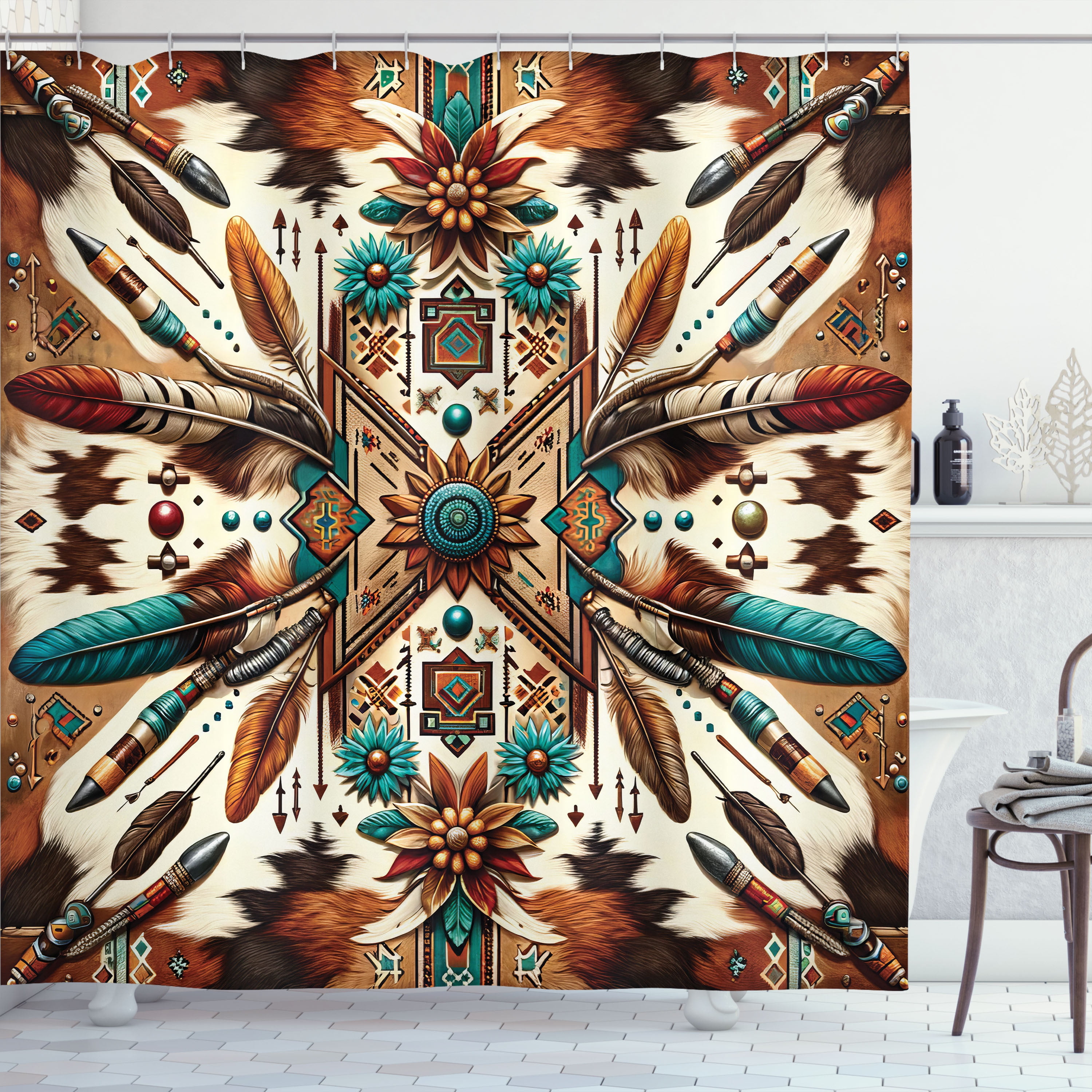 Ambesonne Rustic Shower Curtain, Aztec Inspired Feathers Art, 69"Wx75"L ...