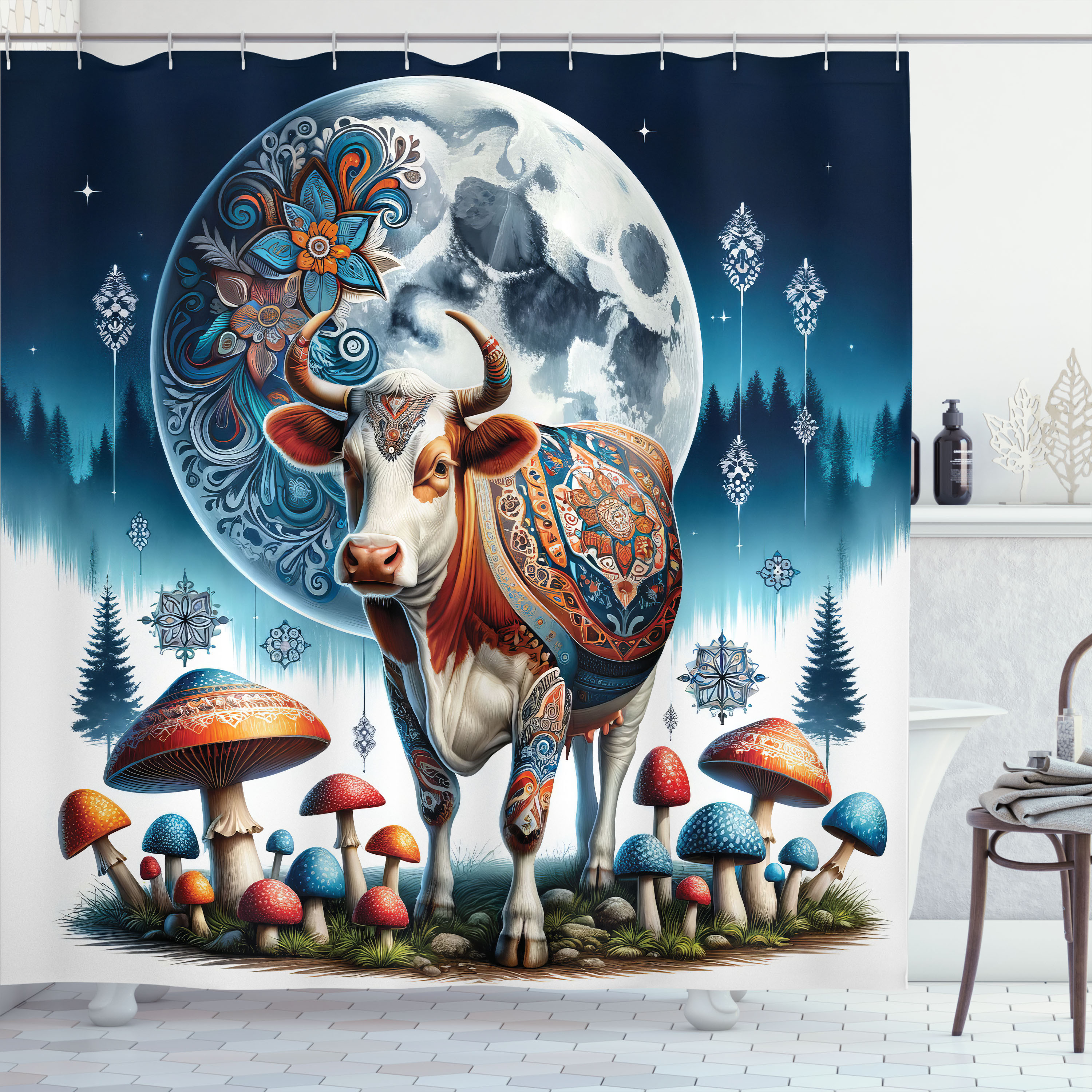 Ambesonne Rustic Shower Curtain, Ethnic Night Woods Moon Cow, 69"Wx75"L ...