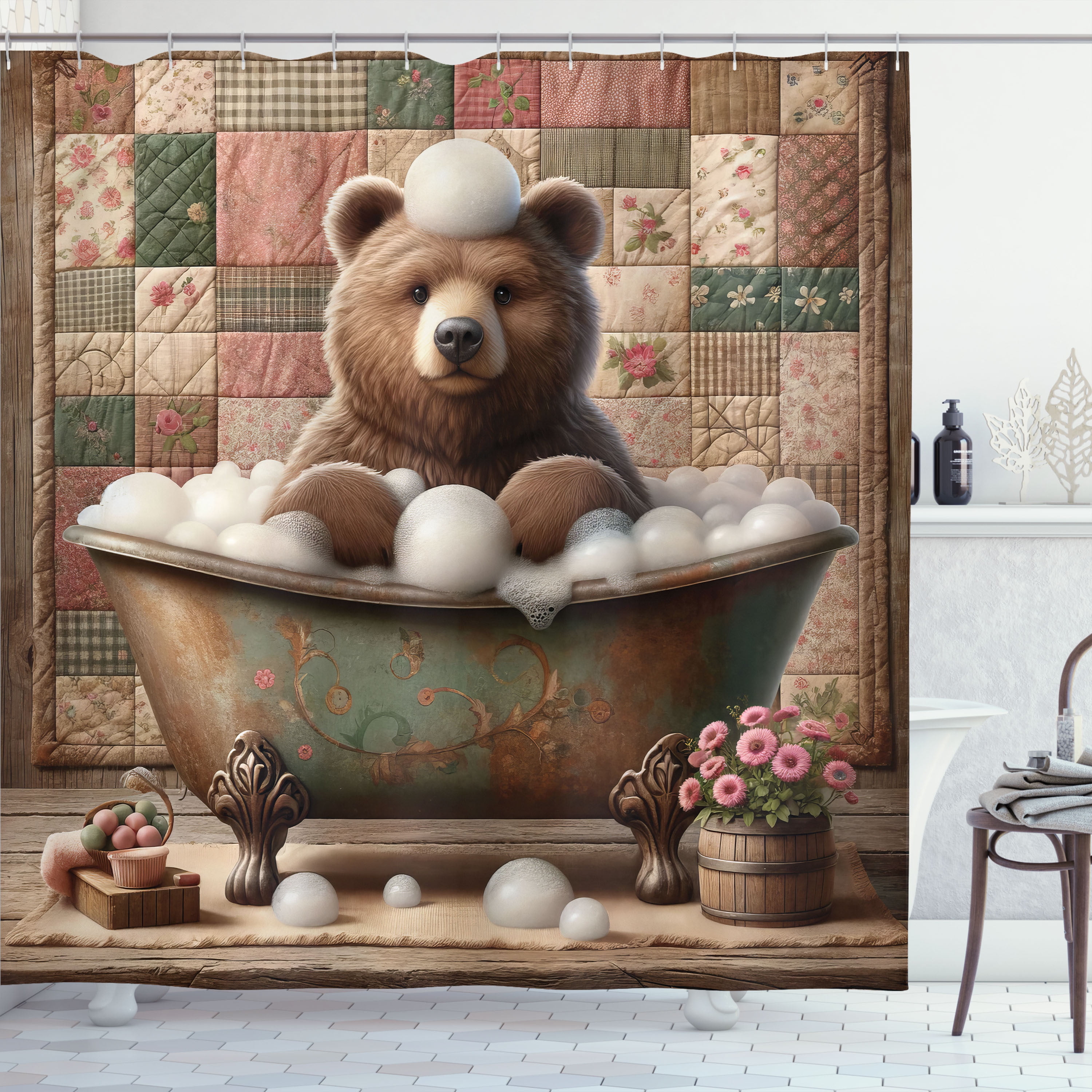 Ambesonne Rustic Shower Curtain, Farmhouse Grizzly Bear Bath, 69"Wx75"L ...