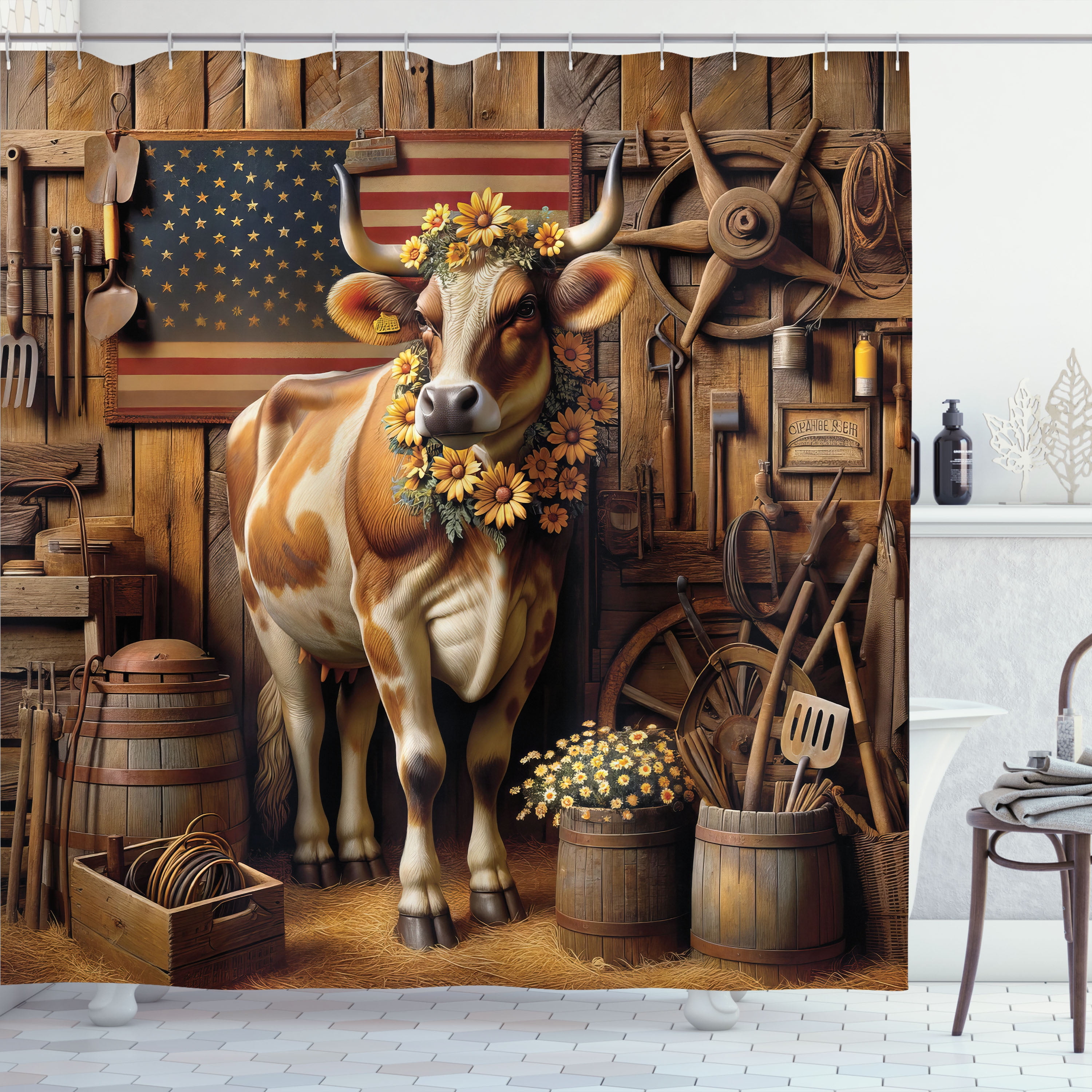 Ambesonne Rustic Shower Curtain, Grunge Old Glory Barn Cow, 69"Wx75"L ...