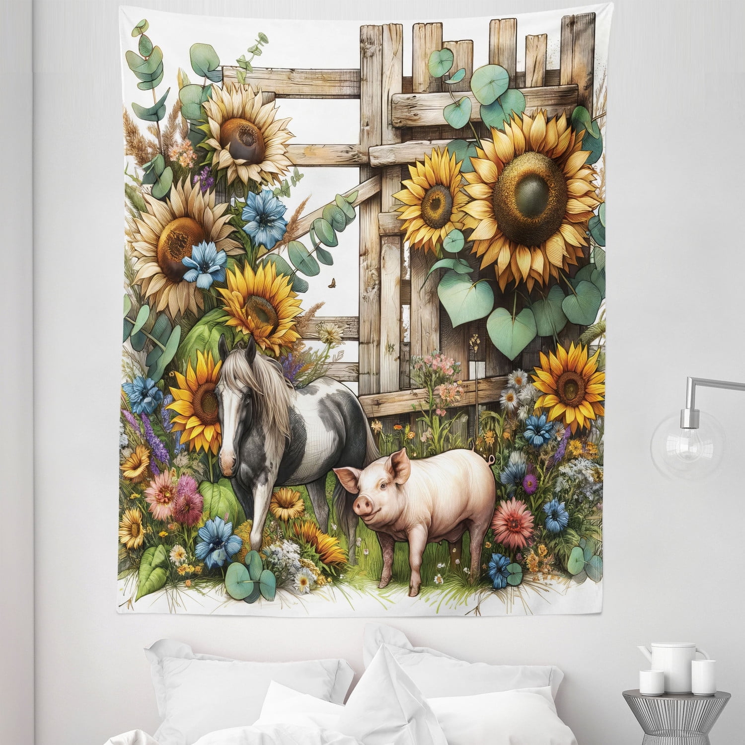 Ambesonne Rustic Tapestry Twin Size, Vintage Farm Pig and Horse, 68"x88 ...