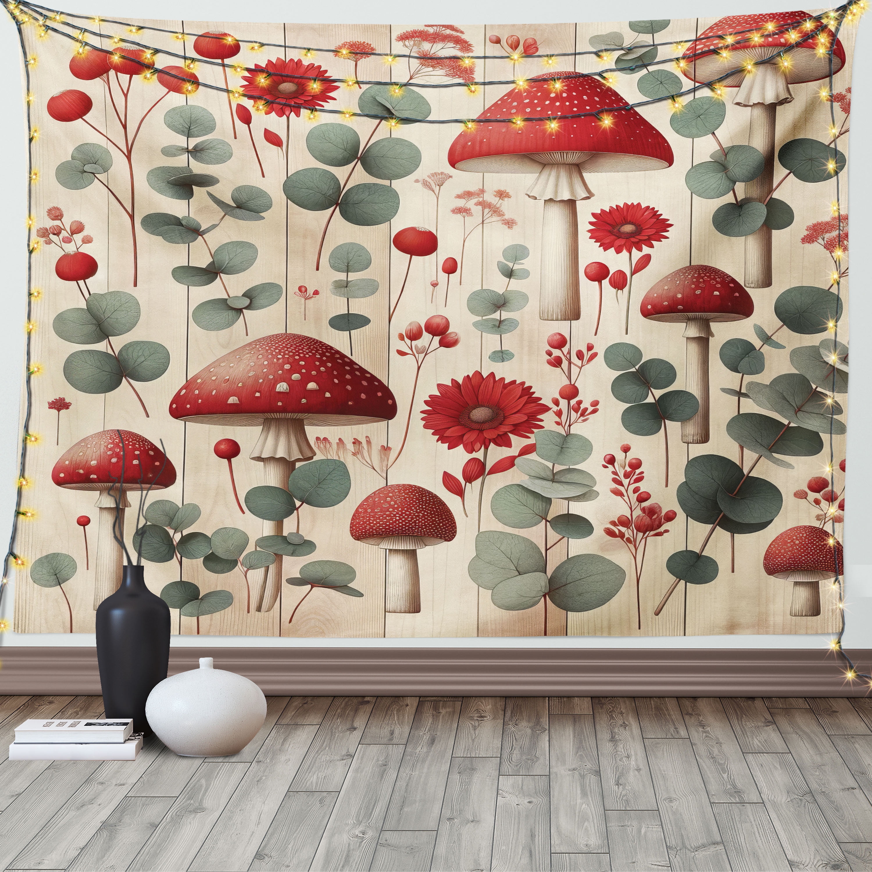 Ambesonne Rustic Tapestry Wall Hanging, Floral Woodland Mushrooms, 60 ...