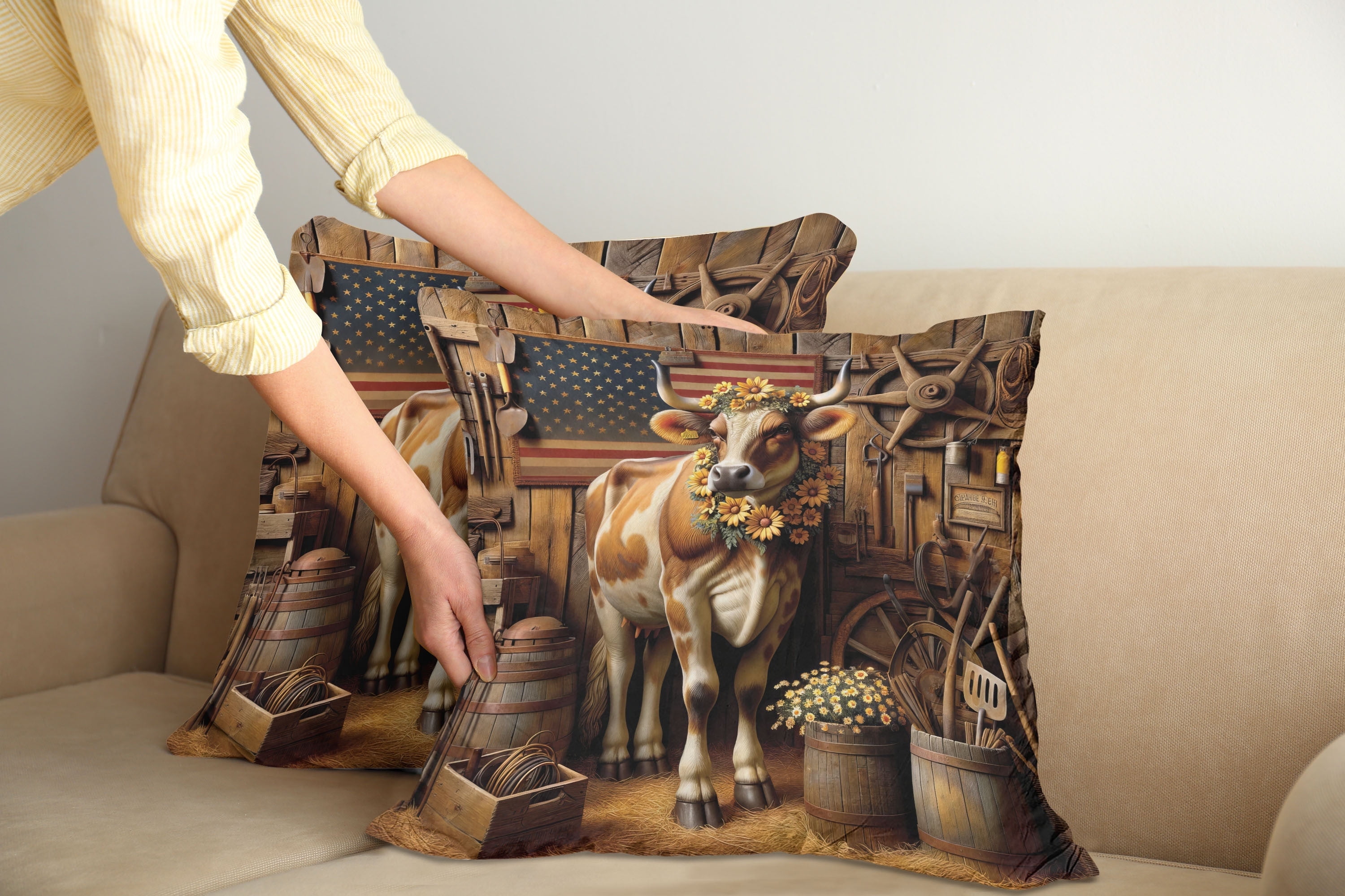 Ambesonne Rustic Throw Pillow Cover Pack of 2, Grunge Old Glory Barn ...