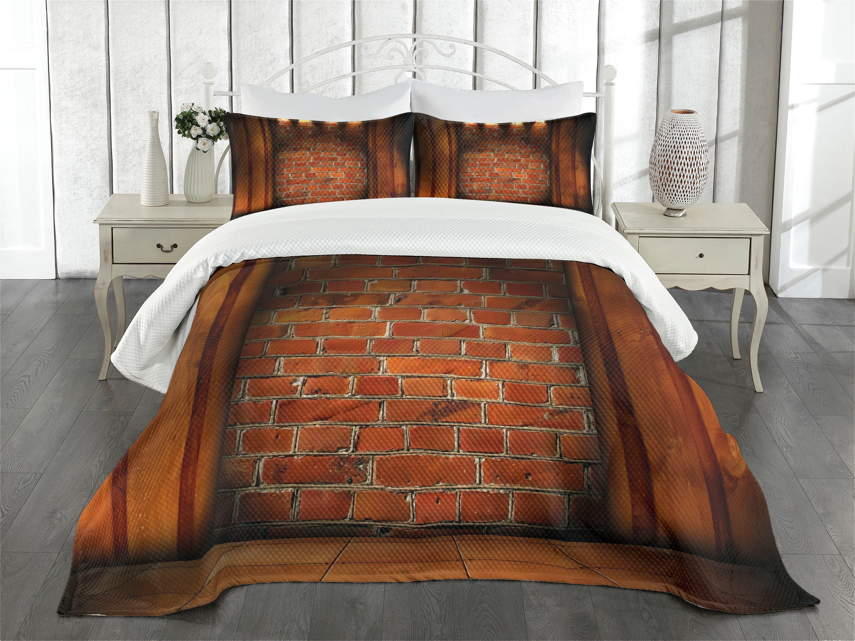 Ambesonne Rustic Wall Quilted Bedspread Set 3 Pcs, Brickwork, King Size ...