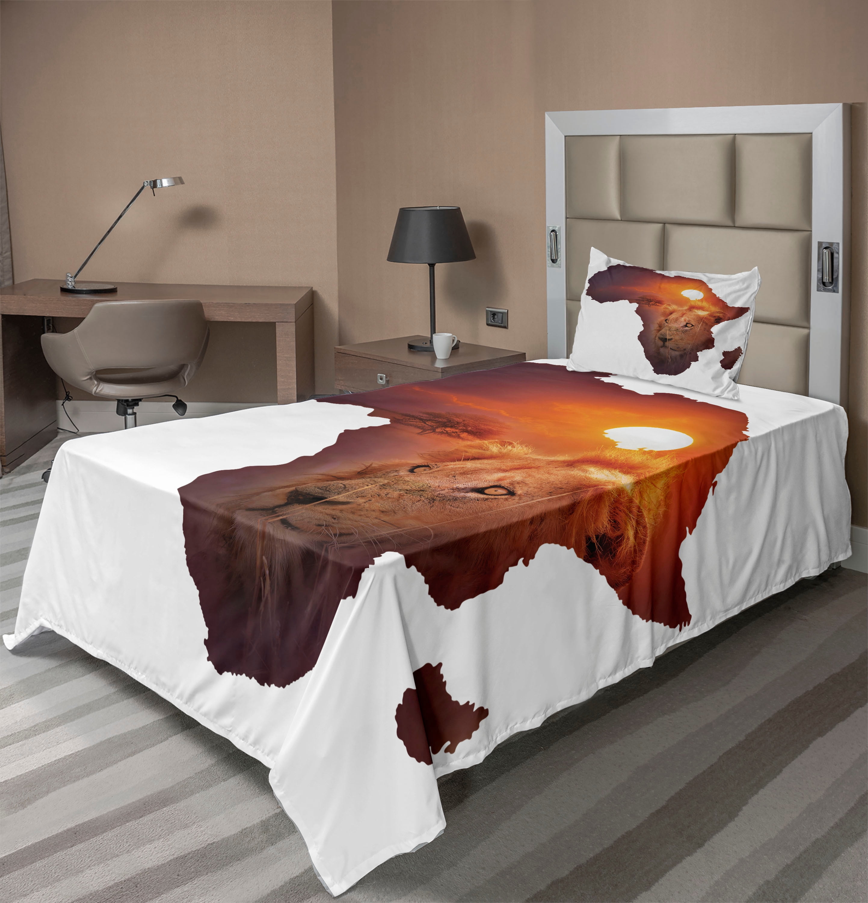 Ambesonne Safari Fitted & Top Sheet Set with Sham, Lion and African Map ...