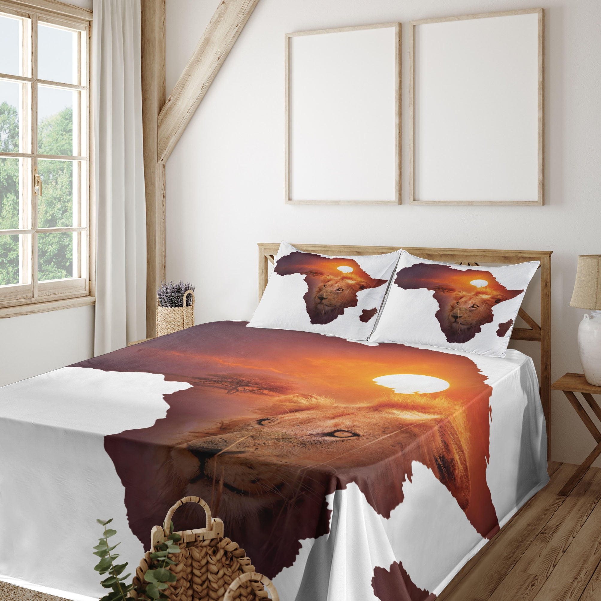 Ambesonne Safari Fitted & Top Sheet Set with Shams, Lion and African ...