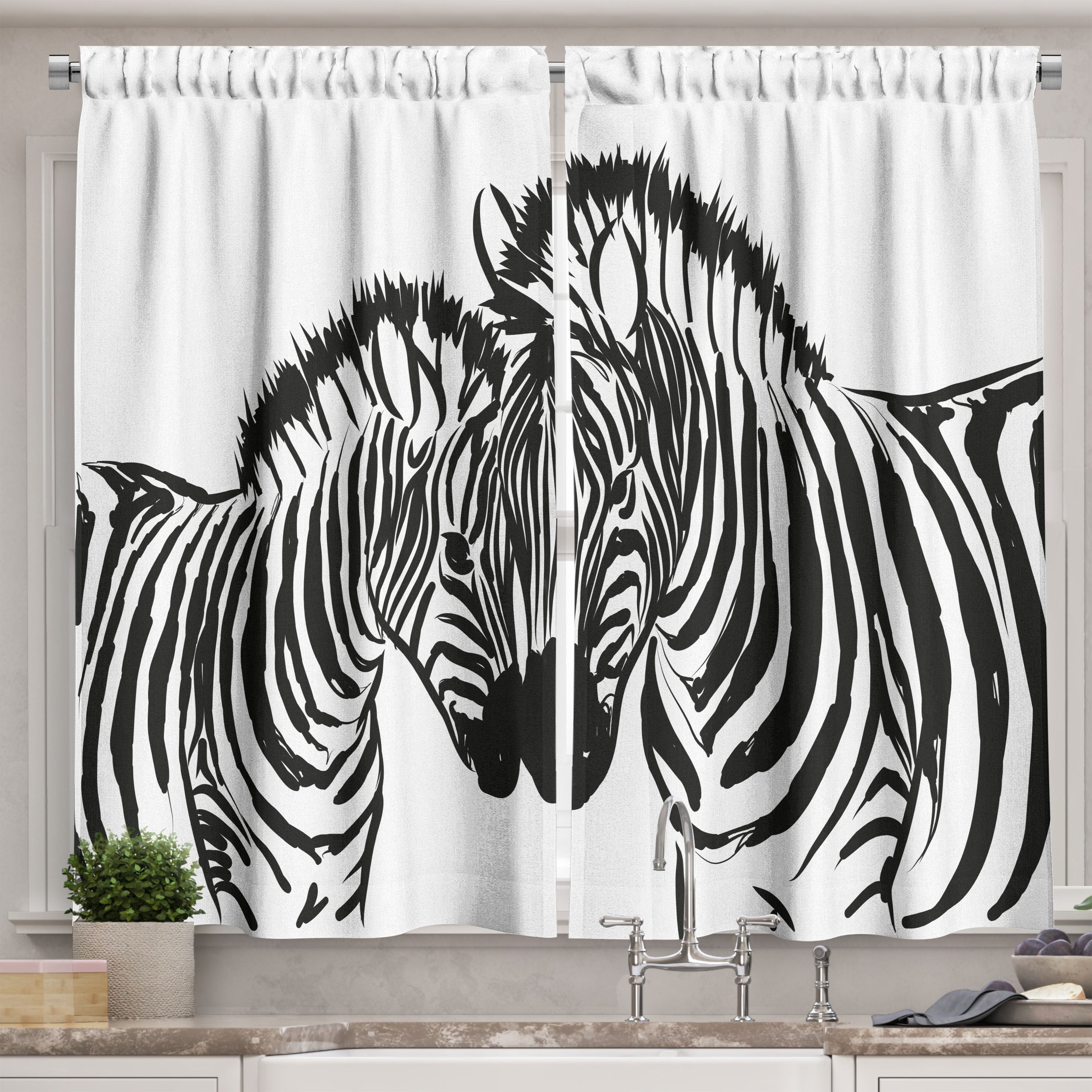 Ambesonne Safari Kitchen Curtains, Monochrome Jungle Zebras, 55"x36 ...
