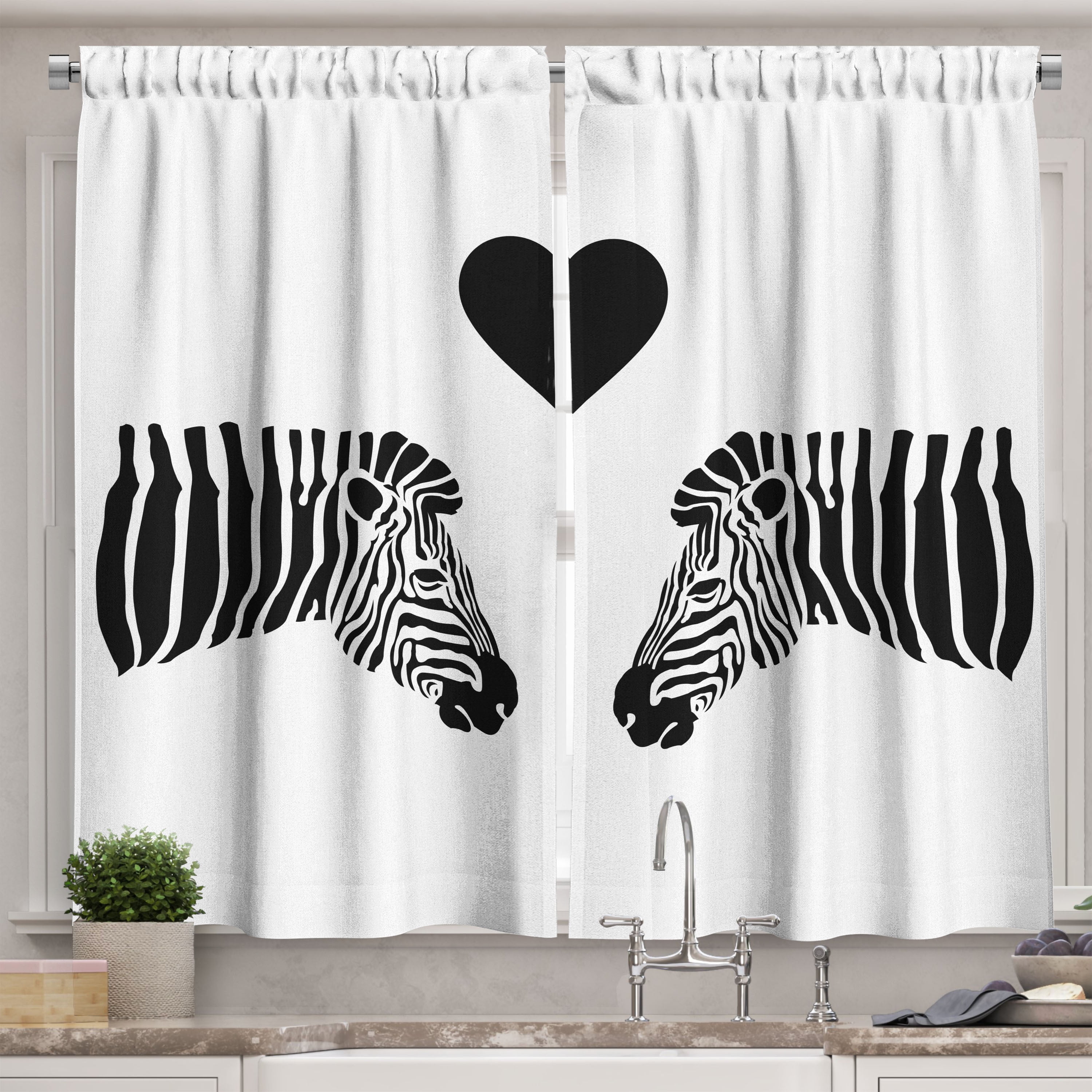 Ambesonne Safari Kitchen Curtains, Romantic 2 Zebras Pattern, 55"x24 ...