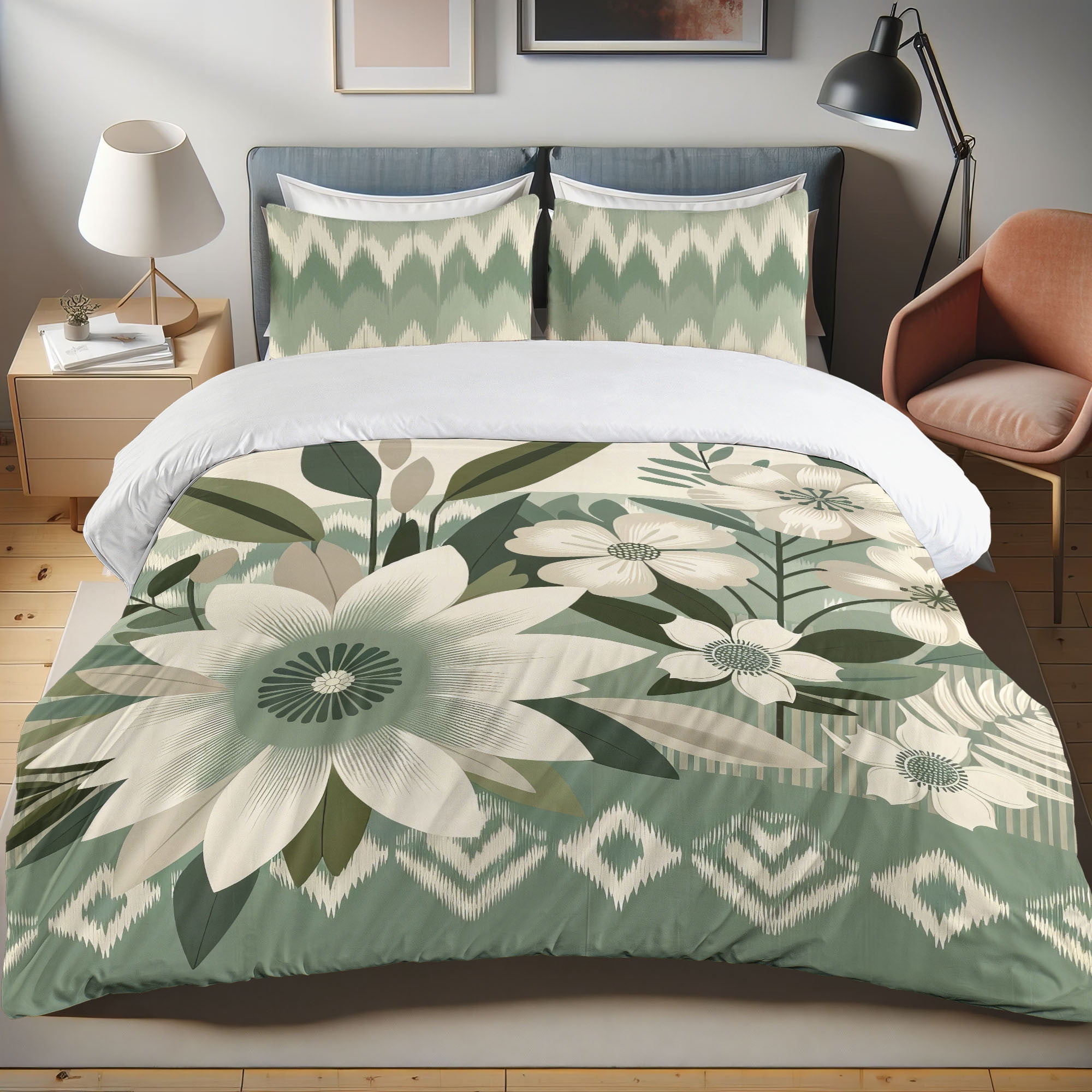 Ambesonne Sage Duvet Cover Set, Vintage Ikat Flower Pattern, Queen, Laurel Green Slate Brown ...