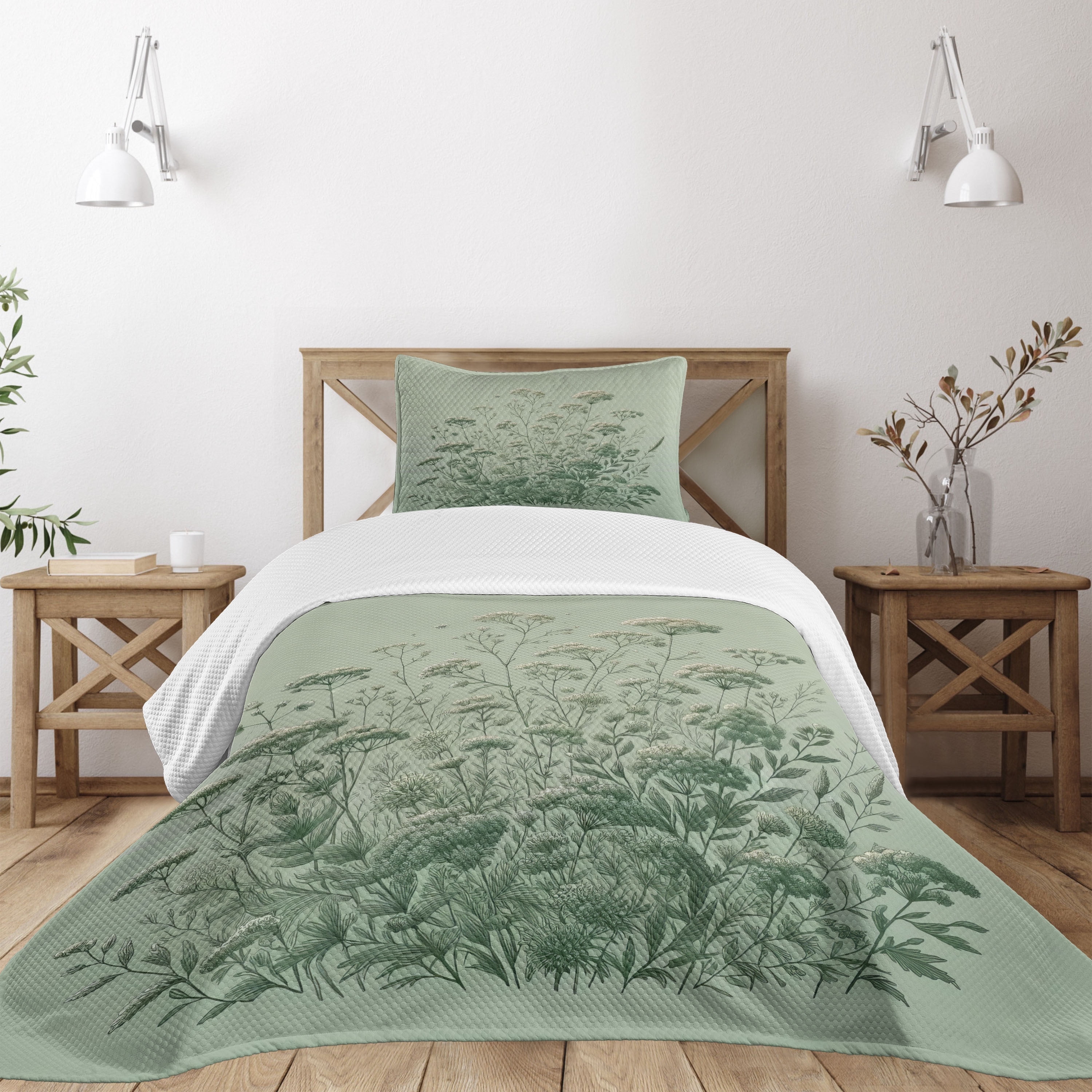 Ambesonne Sage Green Quilted Bedspread Set 2 Pcs, Botanical Wildfloral ...