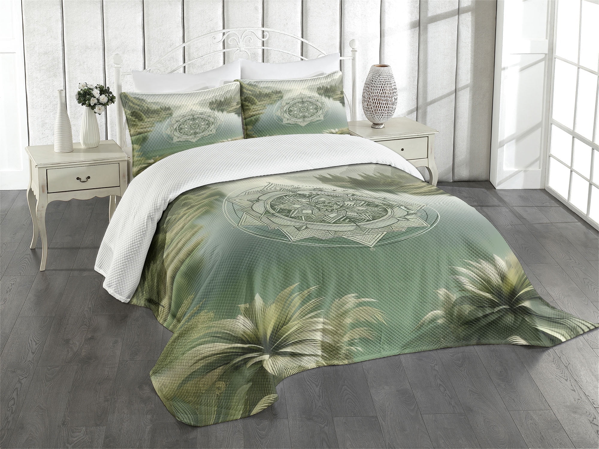 Ambesonne Sage Green Quilted Bedspread Set 3 Pcs, Bohemian Mandala Lake ...
