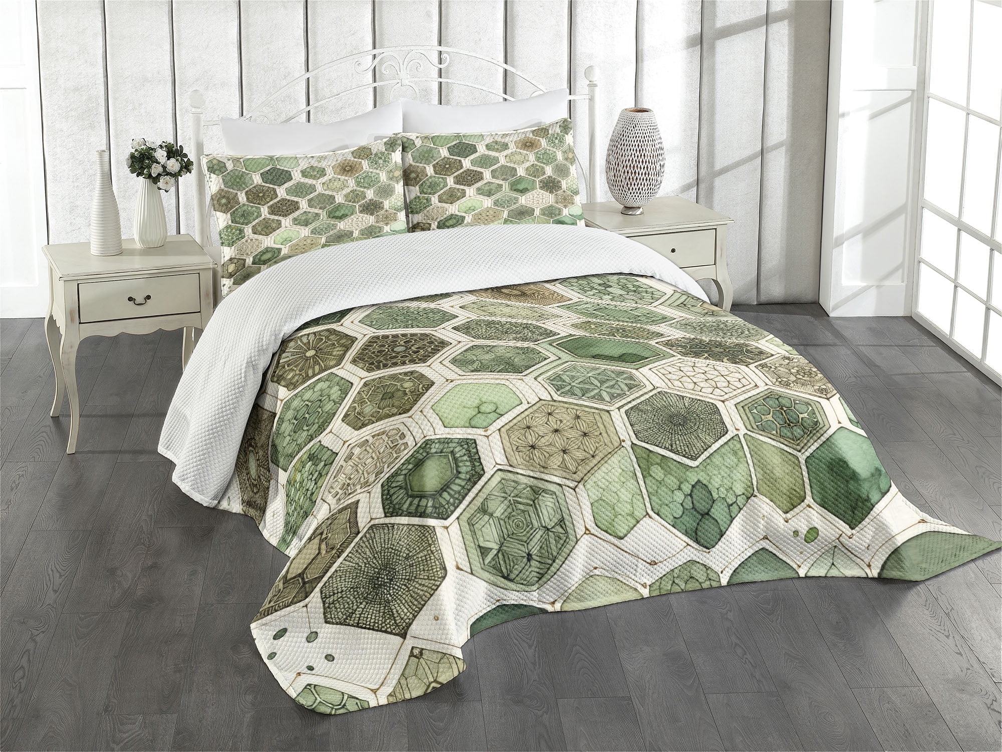 Ambesonne Sage Green Quilted Bedspread Set 3 Pcs, Honeycomb Abstract ...