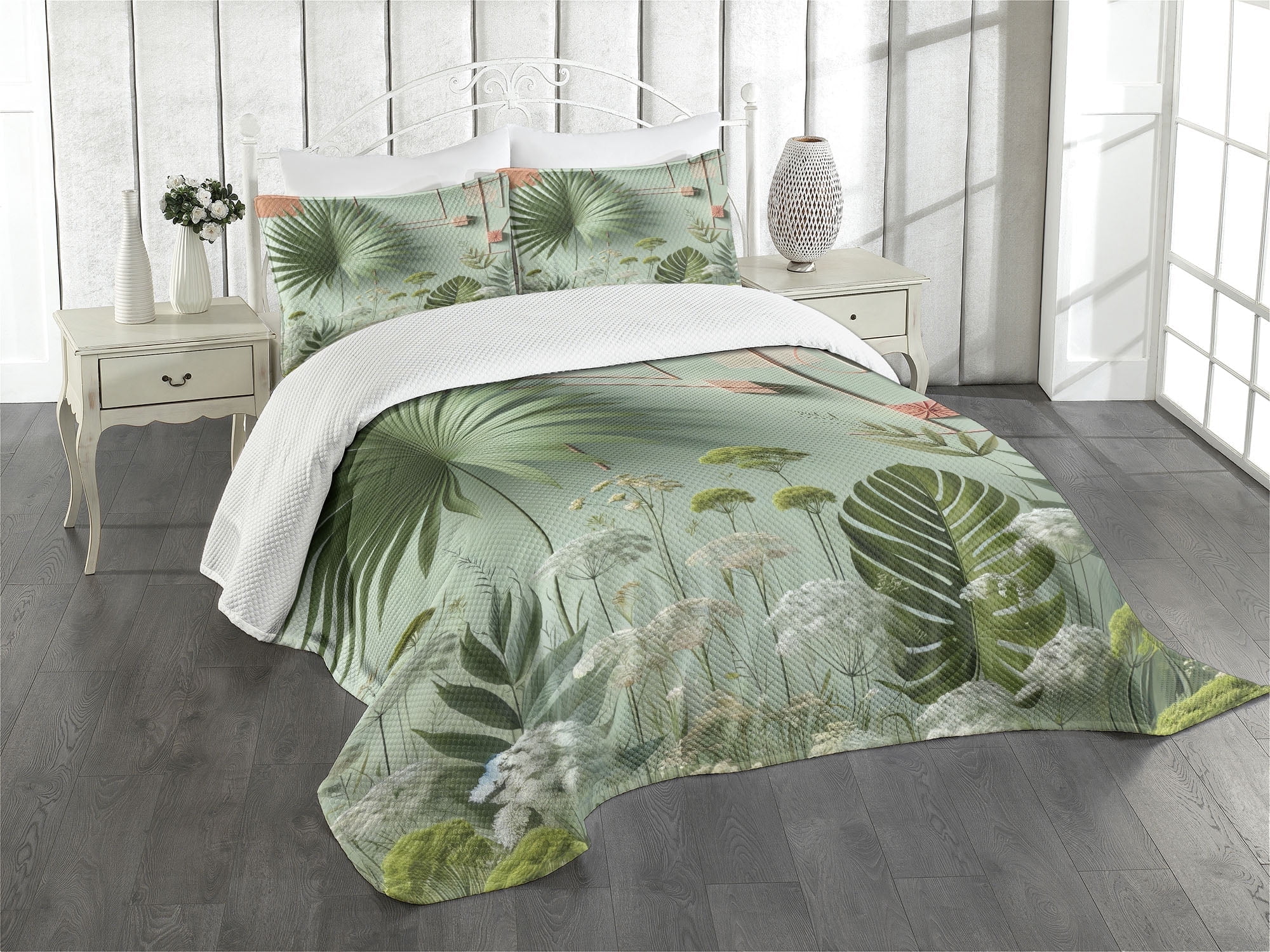 Ambesonne Sage Green Quilted Bedspread Set 3 Pcs, Jade Tone Exotic ...