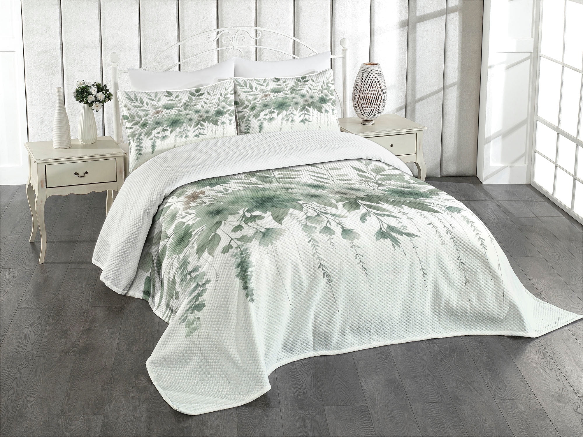Ambesonne Sage Green Quilted Bedspread Set 3 Pcs, Jungle Tones ...