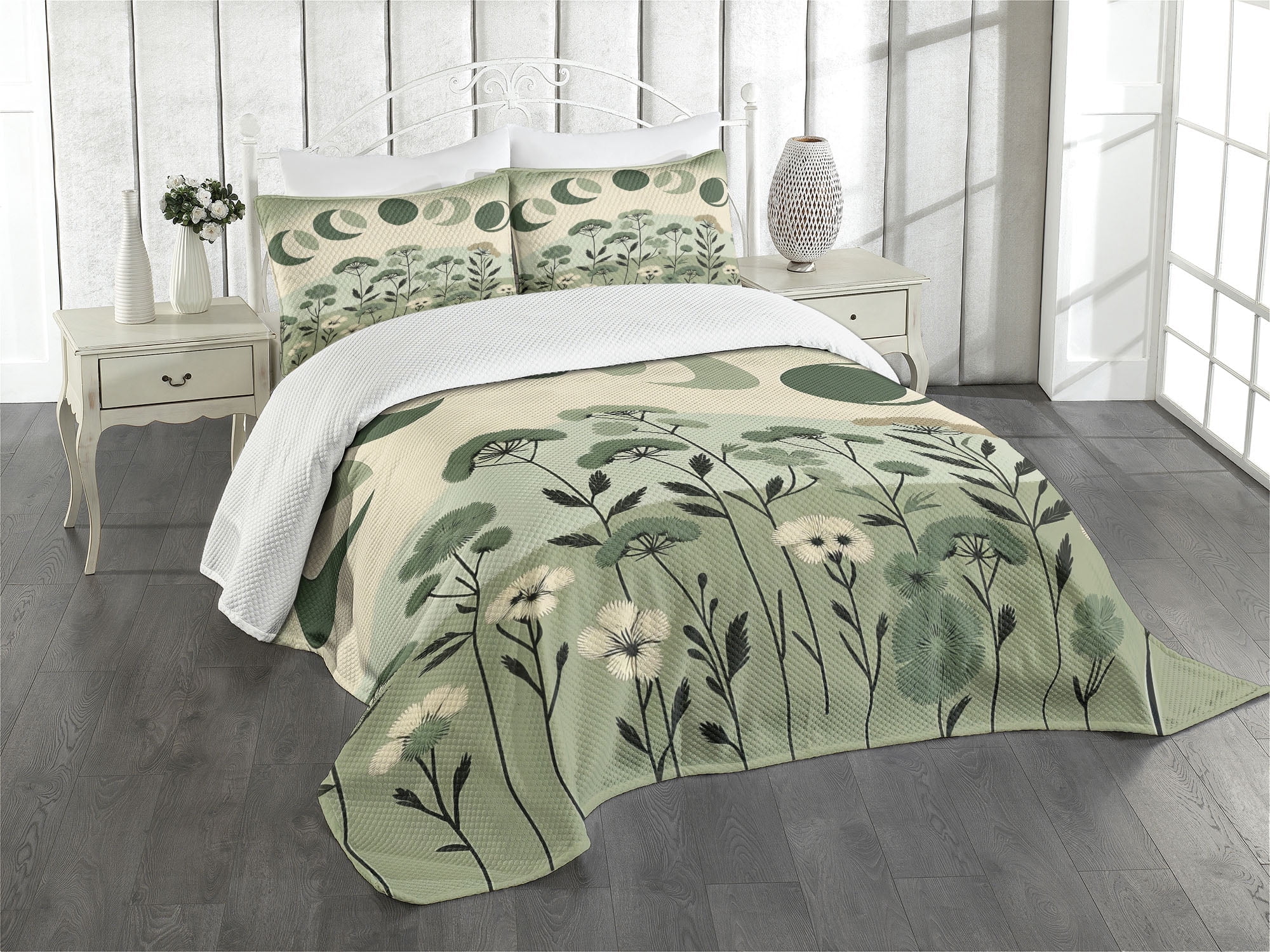 Ambesonne Sage Green Quilted Bedspread Set 3 Pcs, Mid Century Moon ...