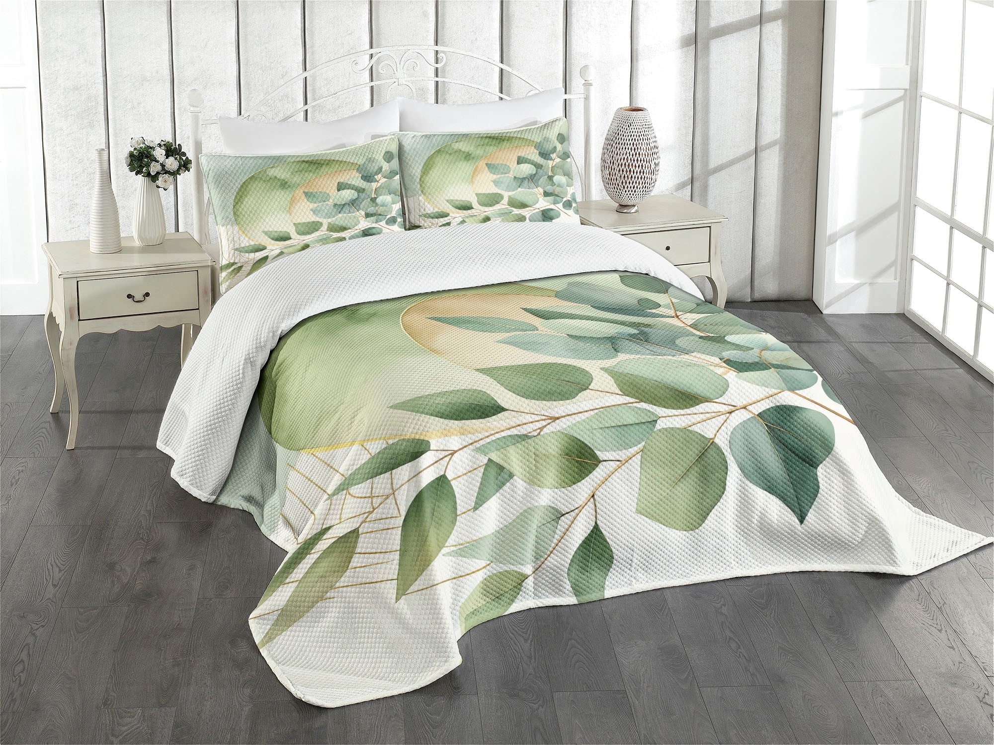 Ambesonne Sage Green Quilted Bedspread Set 3 Pcs, Modern Boho ...
