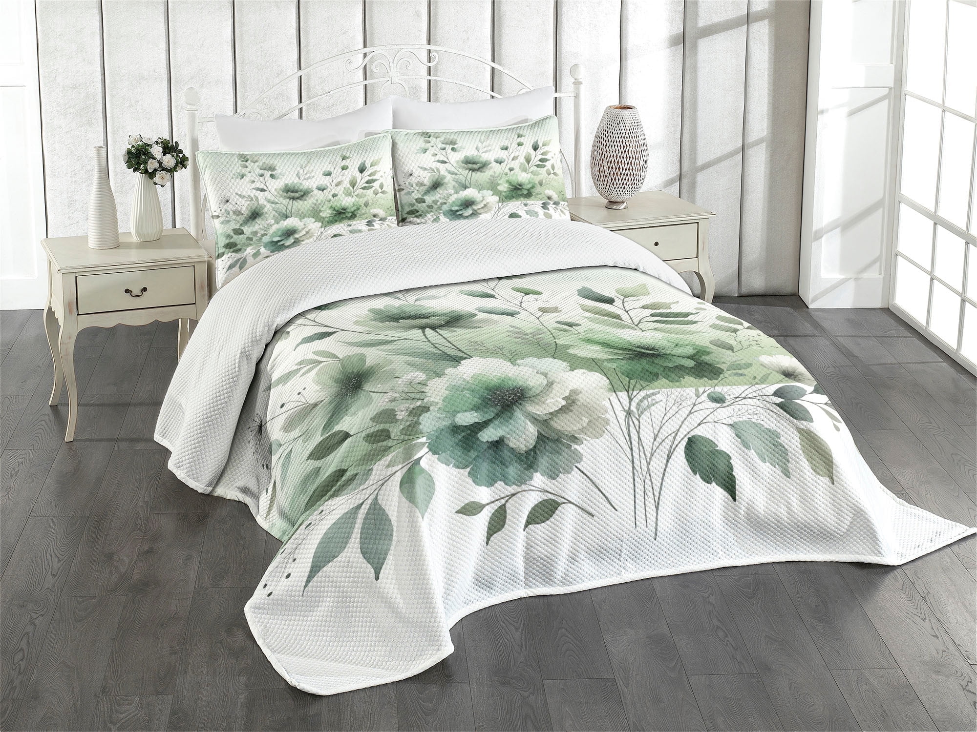 Ambesonne Sage Green Quilted Bedspread Set 3 Pcs, Modern Farmhouse ...