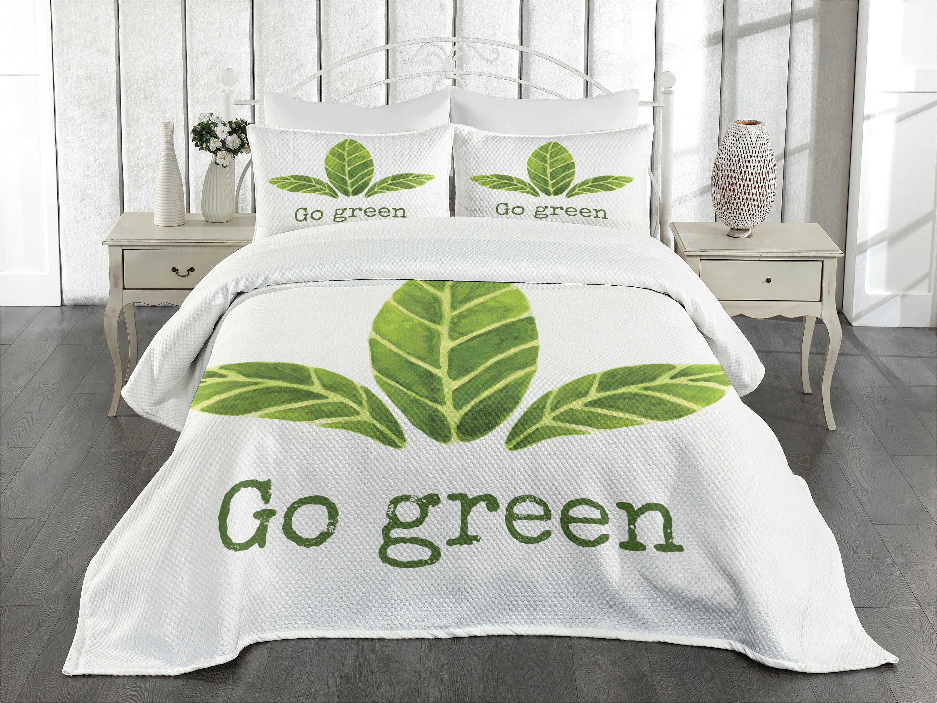 Ambesonne Sage Quilted Bedspread Set 3 Pcs, Eco Concept Green Leaves ...