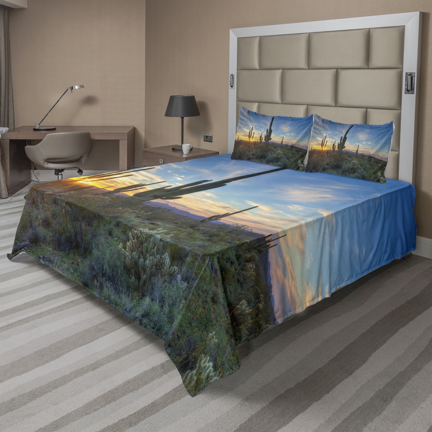 Ambesonne Saguaro Fitted & Top Sheet Set with Shams, Cactus Noon, Green ...