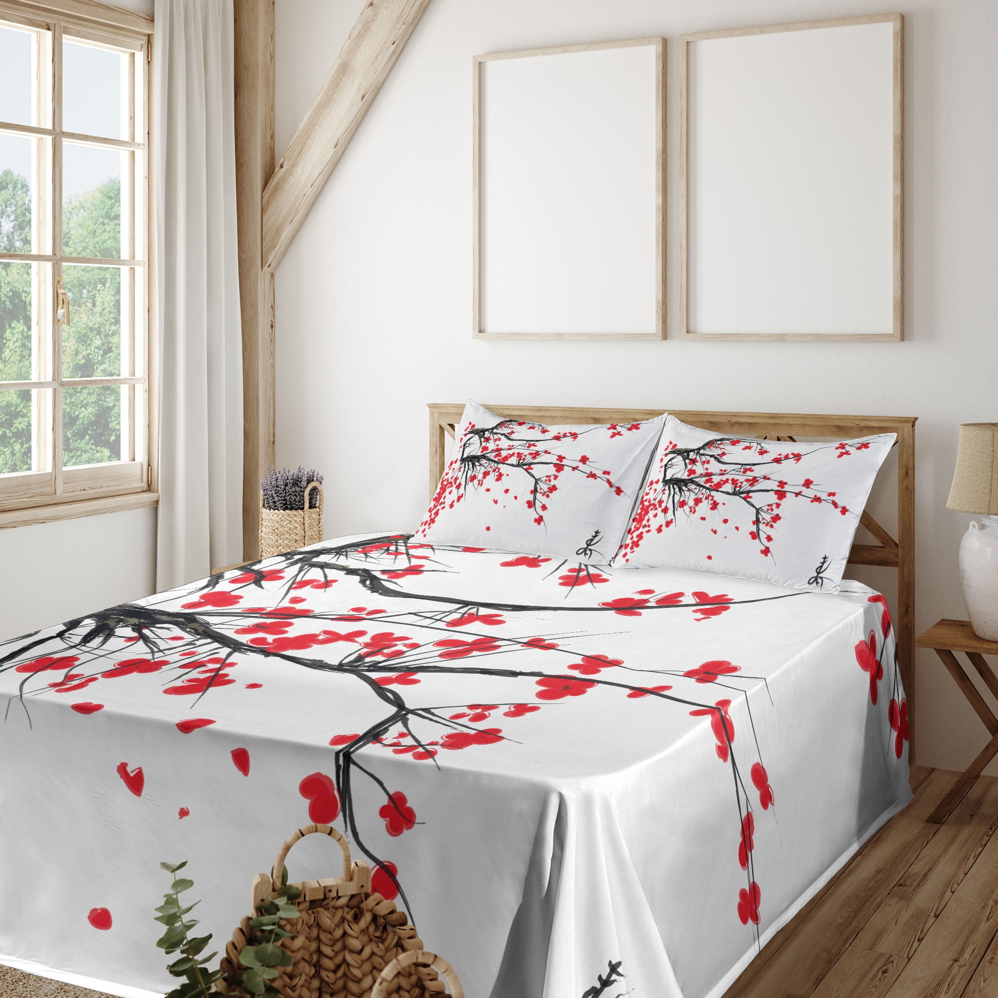 Ambesonne Sakura Fitted & Top Sheet Set with Shams, Watercolor Summer ...