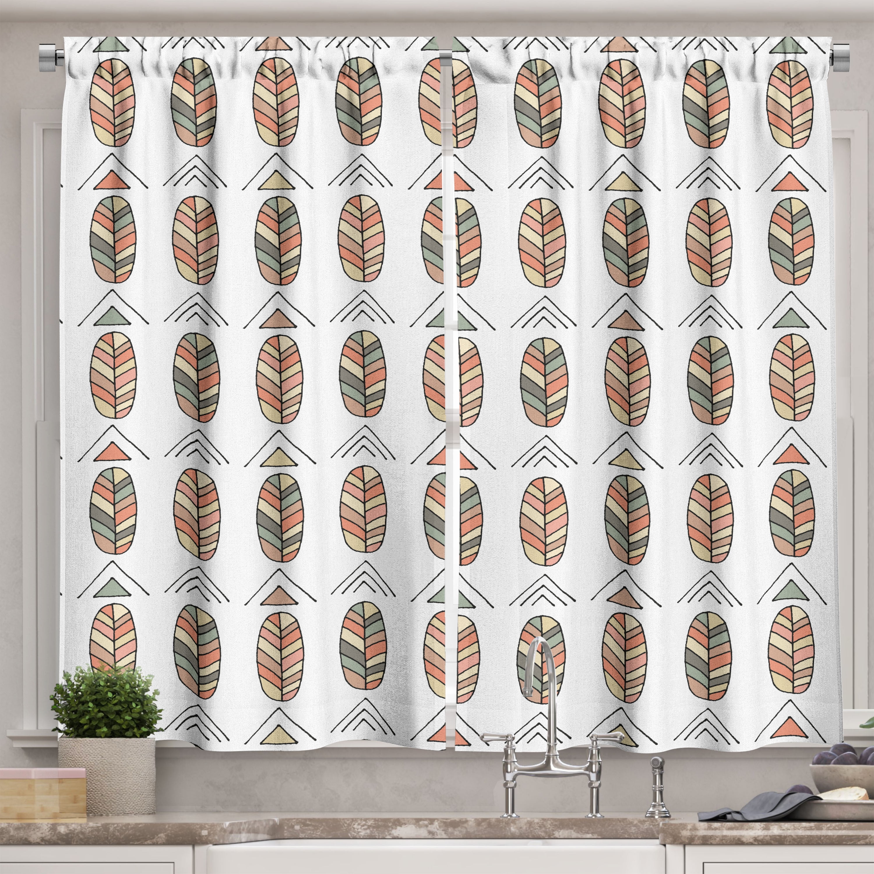 Ambesonne Salmon Kitchen Curtains, Basic Hand Drawn Leaves Art, 55"x45 ...