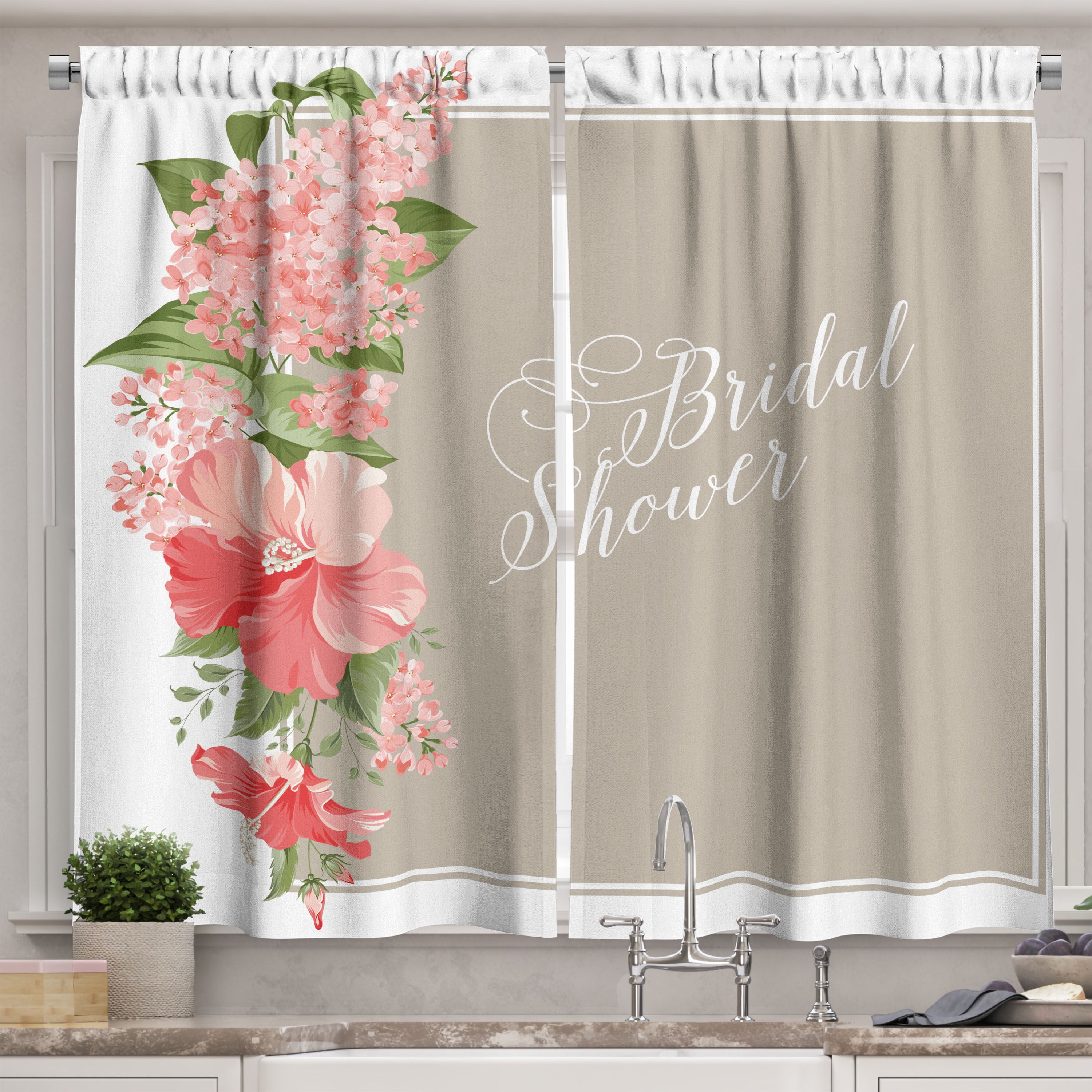 Ambesonne Salmon Kitchen Curtains, Floral Wedding Frame, 55"x39 ...