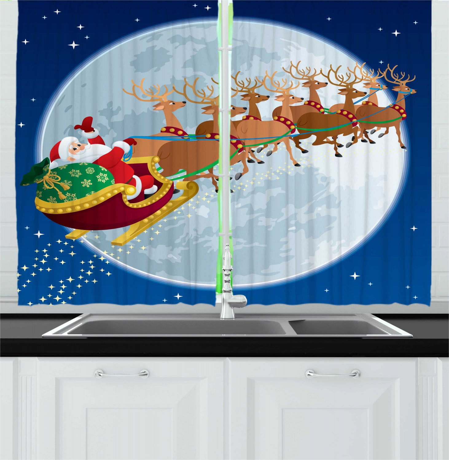 Ambesonne Santa Kitchen Curtains, Christmas Night, 55"x39", Multicolor ...