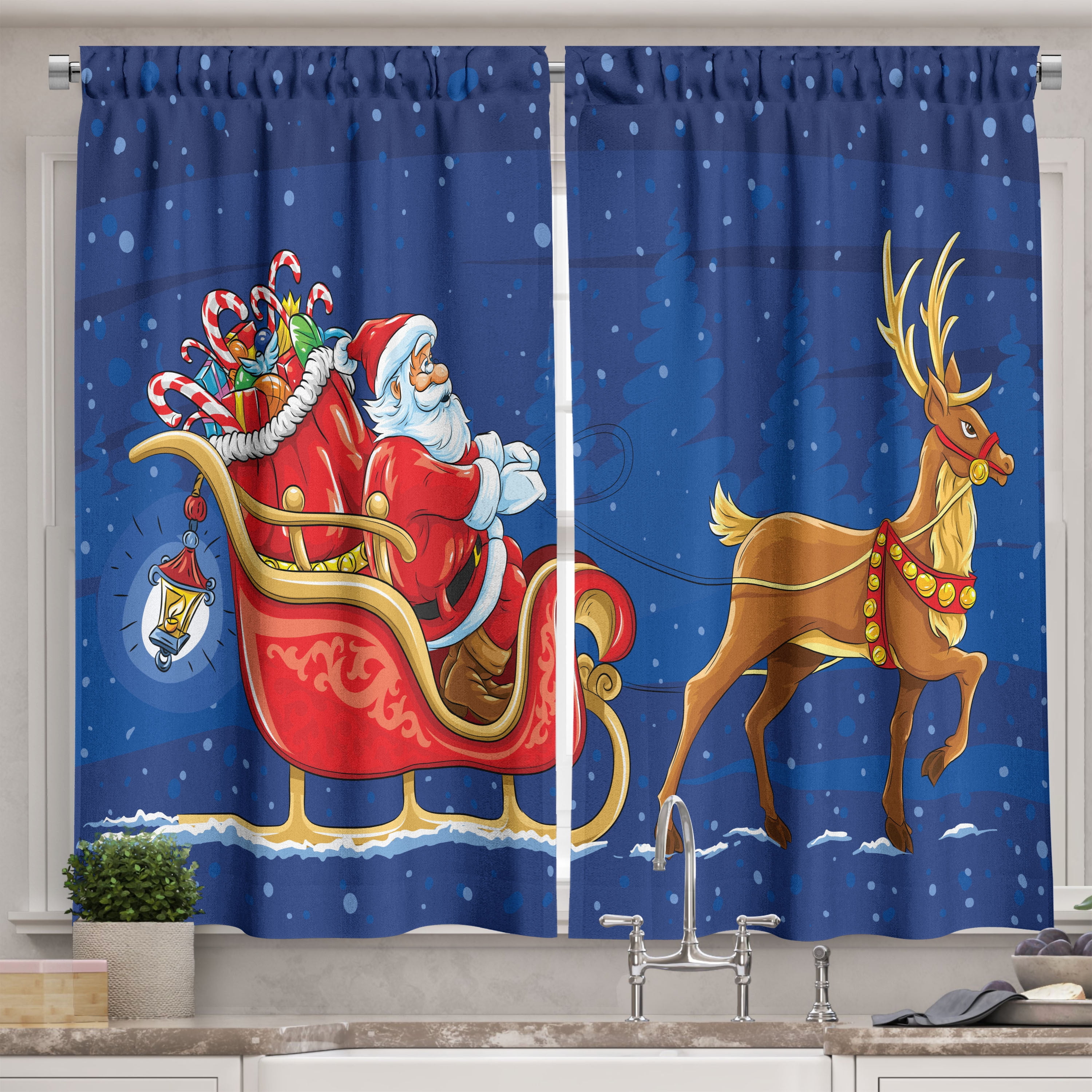 Ambesonne Santa Kitchen Curtains, Moving on Sledge at Night, 55"x39 ...